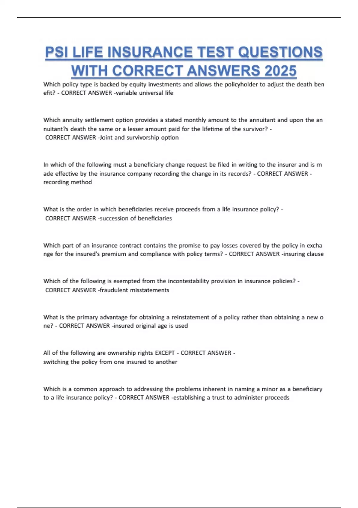 PSI LIFE INSURANCE TEST QUESTIONS WITH CORRECT ANSWERS 2025 - PSI life ...