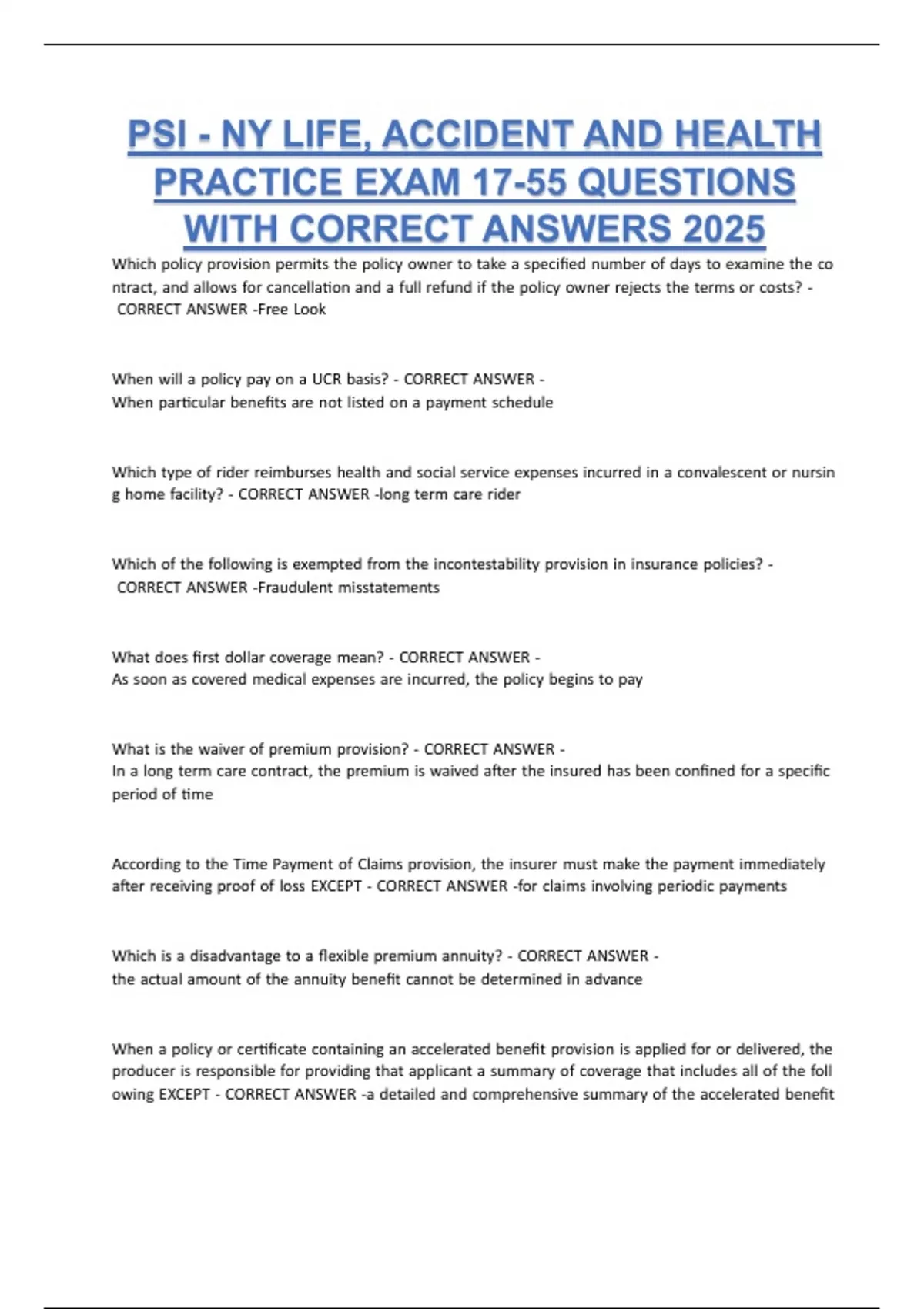PSI - NY LIFE, ACCIDENT AND HEALTH PRACTICE EXAM 17-55 QUESTIONS WITH ...