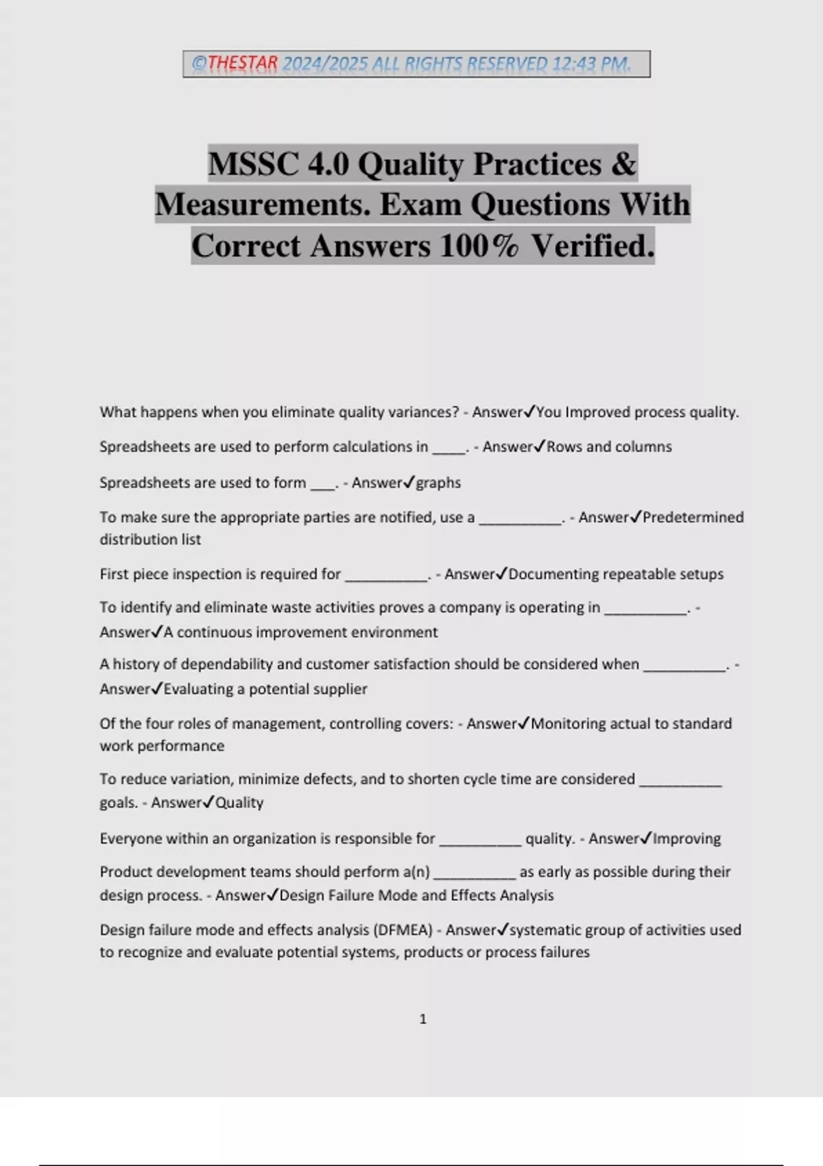 MSSC 4.0 Quality Practices & Measurements. Exam Questions With Correct ...