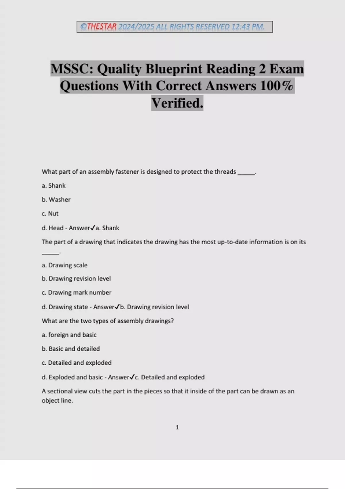 MSSC: Quality Blueprint Reading 2 Exam Questions With Correct Answers ...