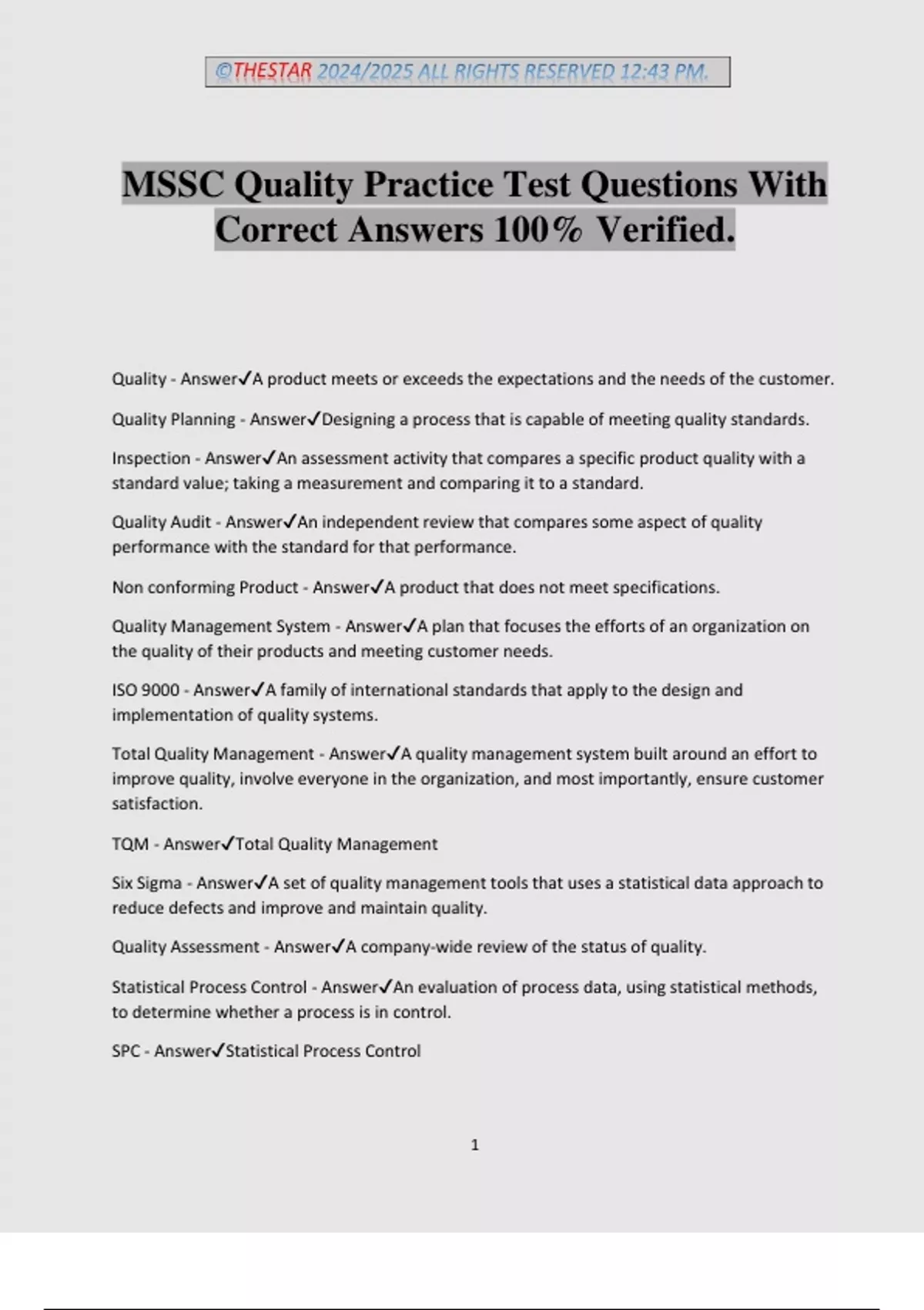 MSSC Quality Practice Test Questions With Correct Answers 100% Verified ...