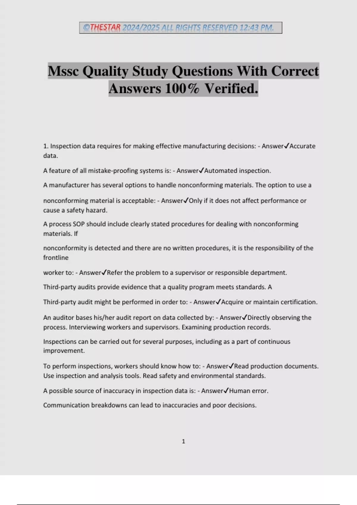 Mssc Quality Study Questions With Correct Answers 100% Verified. - MSSC - Stuvia US