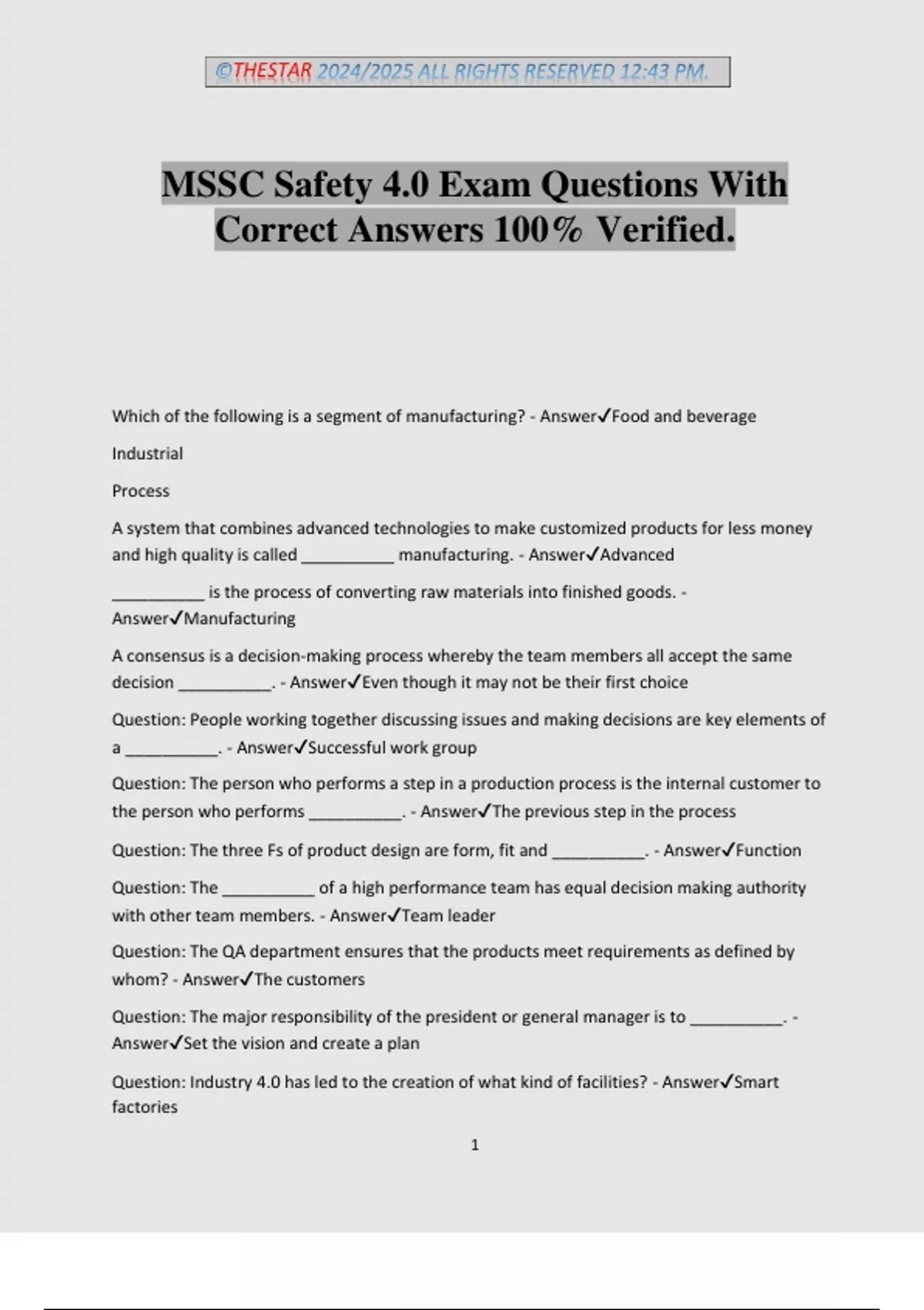 MSSC Safety 4.0 Exam Questions With Correct Answers 100% Verified ...