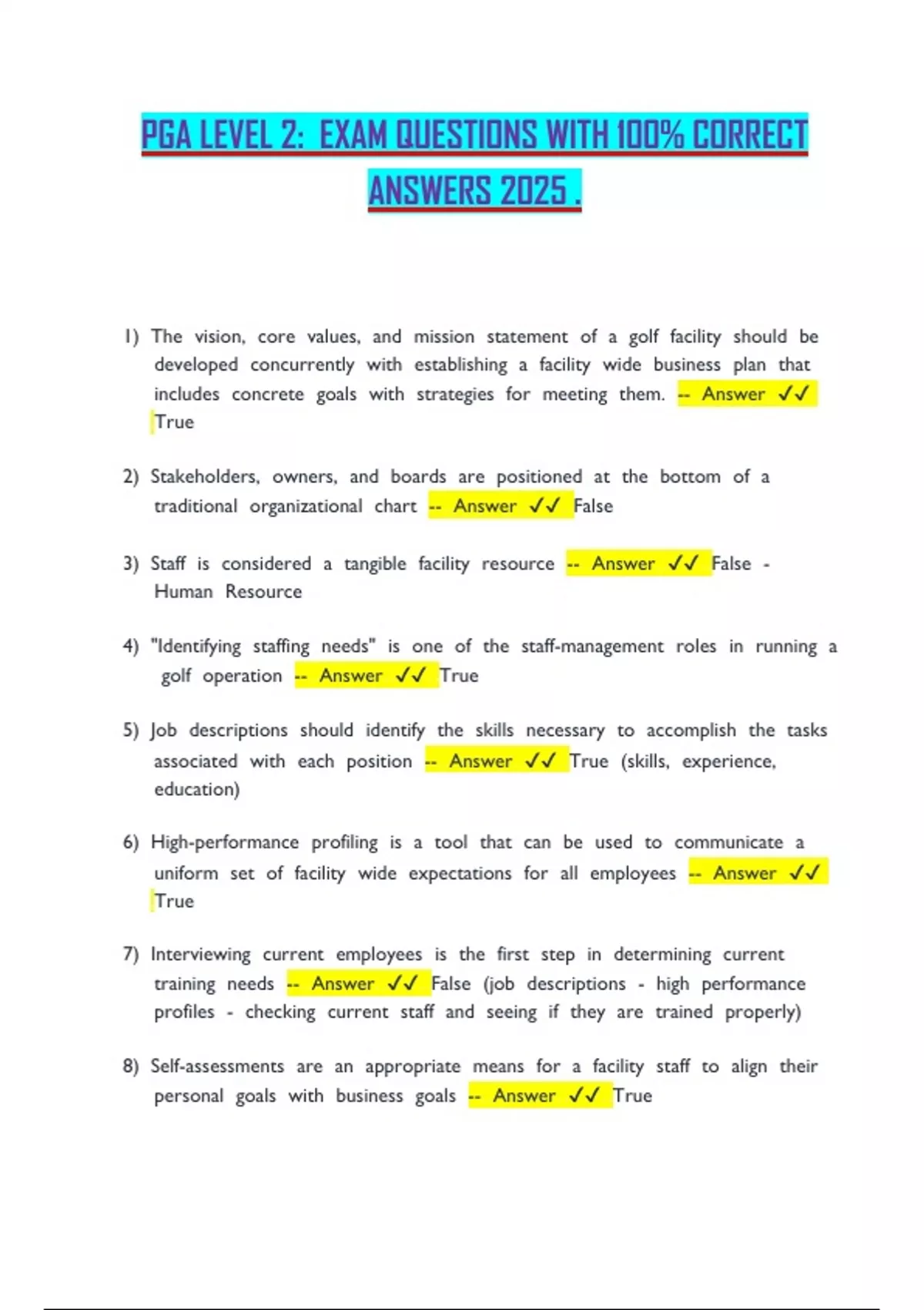 PGA LEVEL 2 EXAM QUESTIONS WITH 100% CORRECT ANSWERS 2025 - PGA PGM ...