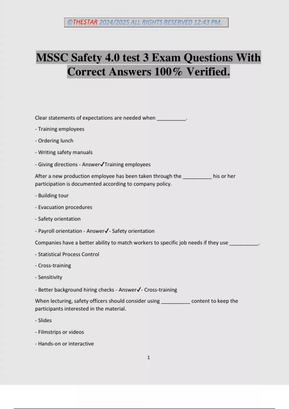 MSSC Safety 4.0 test 3 Exam Questions With Correct Answers 100% ...