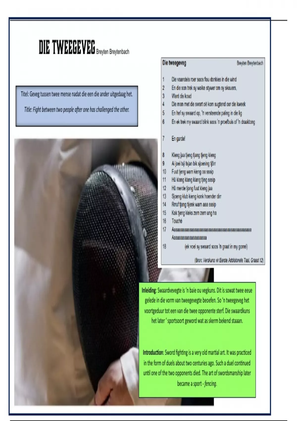 Summary Die tweegeveg deur Breyten Breytenbach---Eng. en Afr ...