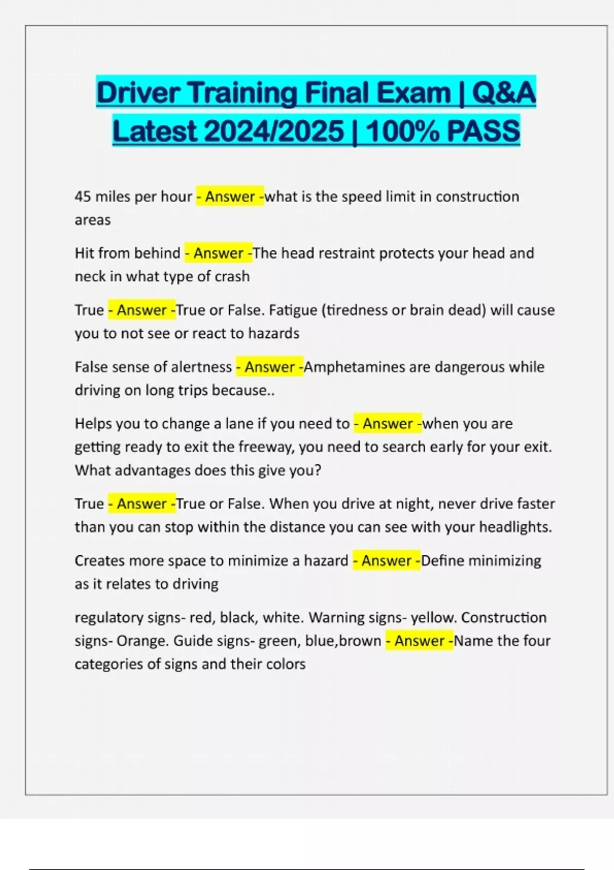 Driver Training Final Exam | Q&A Latest 2024/2025 | 100% PASS ...