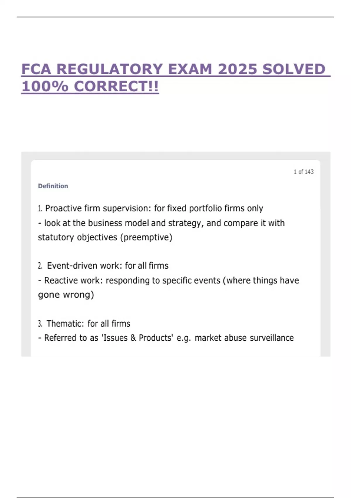 FCA REGULATORY EXAM 2025 SOLVED 100% CORRECT!! - FCA - Stuvia US