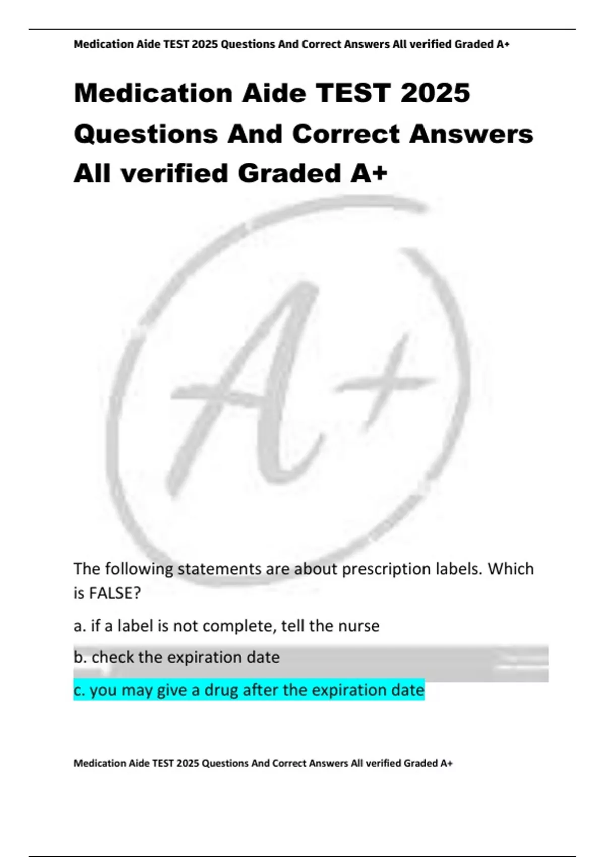Medication Aide TEST 2025 Questions And Correct Answers All verified ...