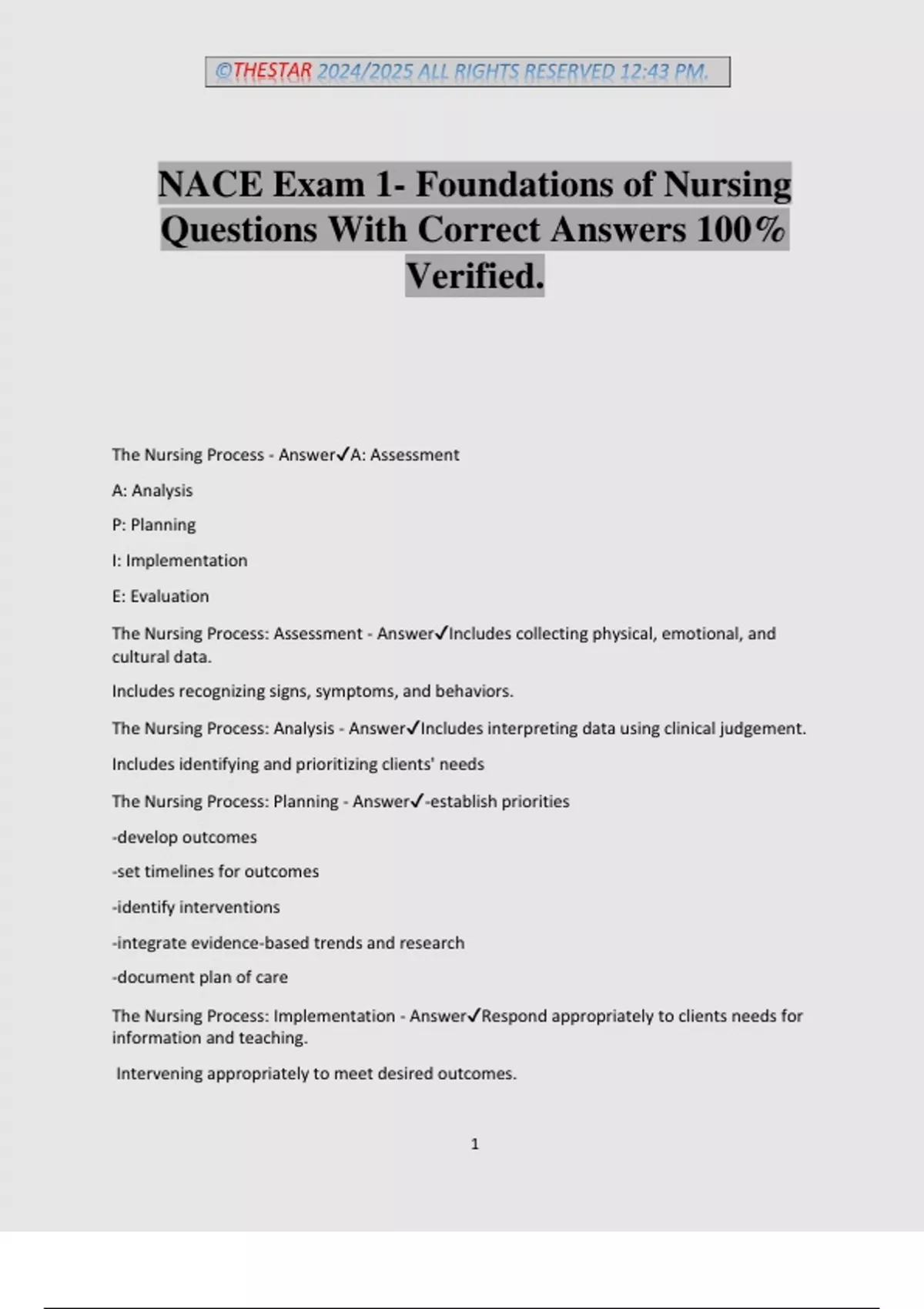NACE Exam 1- Foundations of Nursing Questions With Correct Answers 100% ...