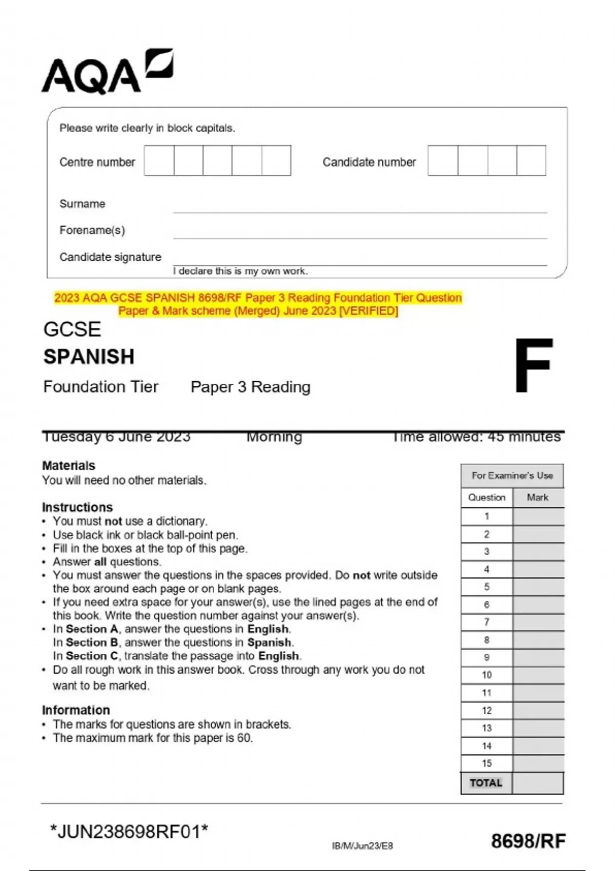2023 AQA GCSE SPANISH 8698/RF Paper 3 Reading Foundation Tier Question ...
