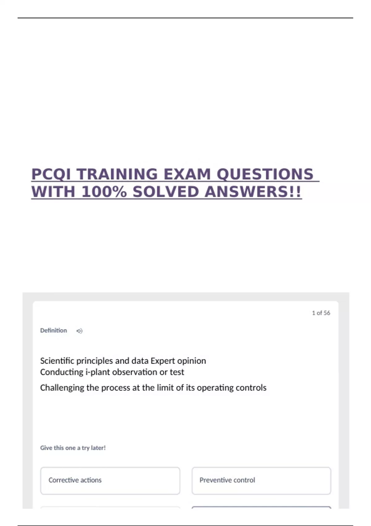 PCQI TRAINING EXAM QUESTIONS WITH 100% SOLVED ANSWERS!! - PCQI - Stuvia US