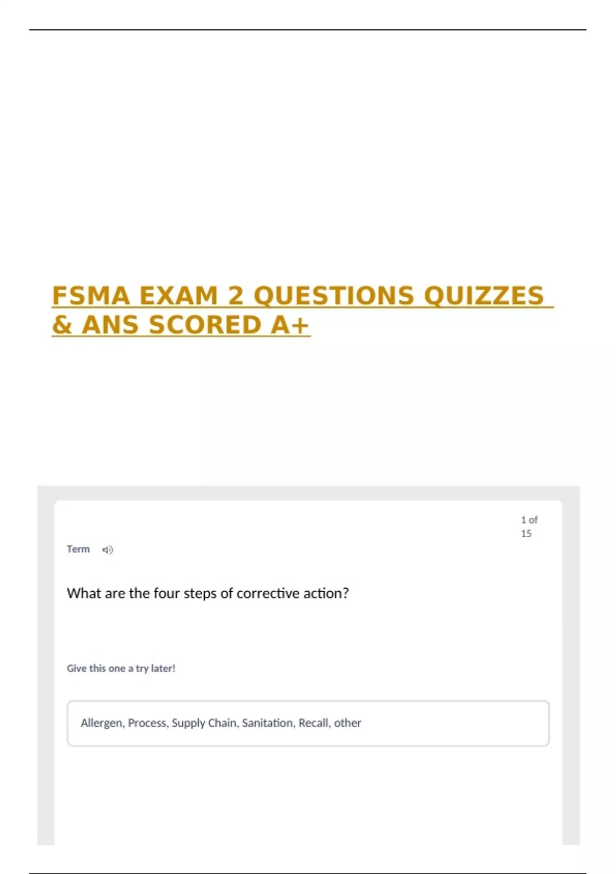 FSMA EXAM 2 QUESTIONS QUIZZES & ANS SCORED A+ - FSMA - Stuvia US