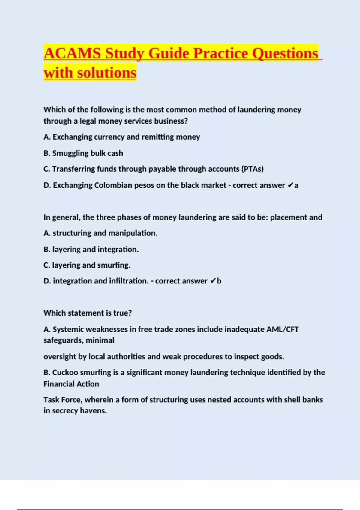 ACAMS Study Guide Practice Questions with solutions - ACAMS - Stuvia US