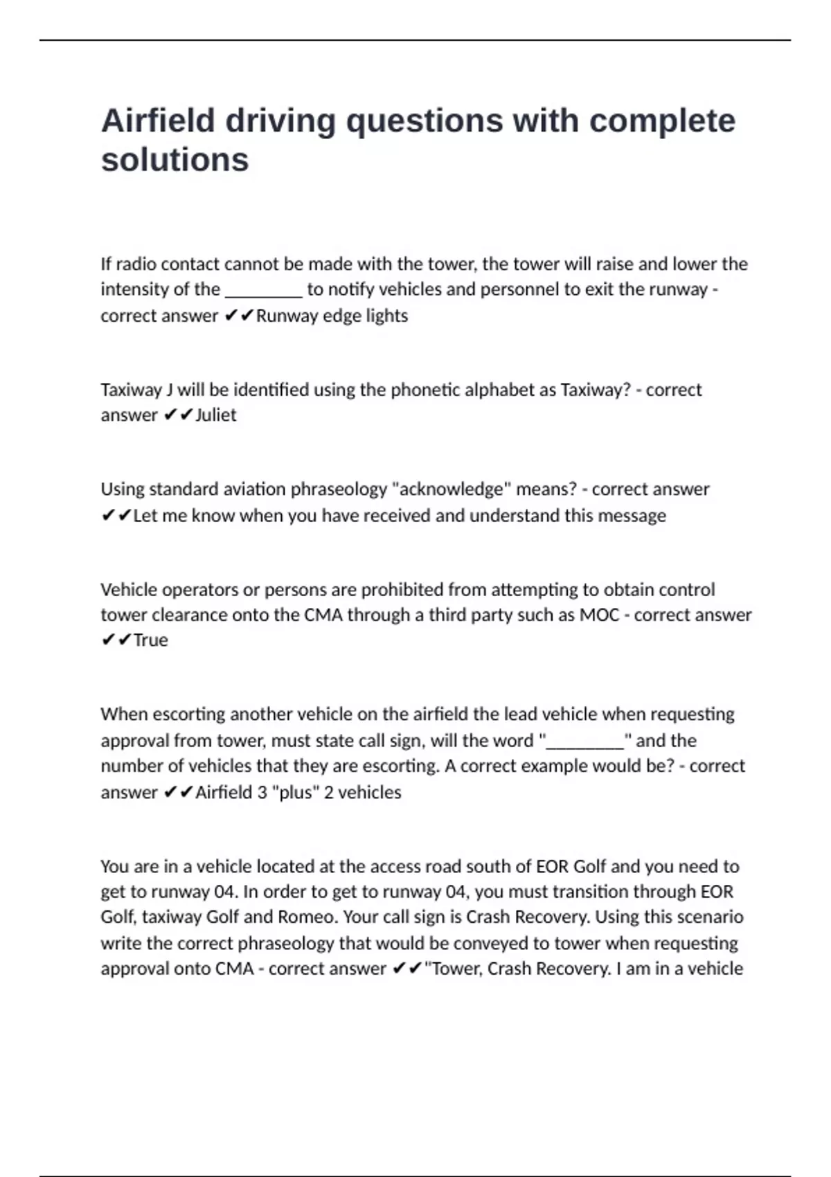 Airfield driving questions with complete solutions - Airfield driving ...