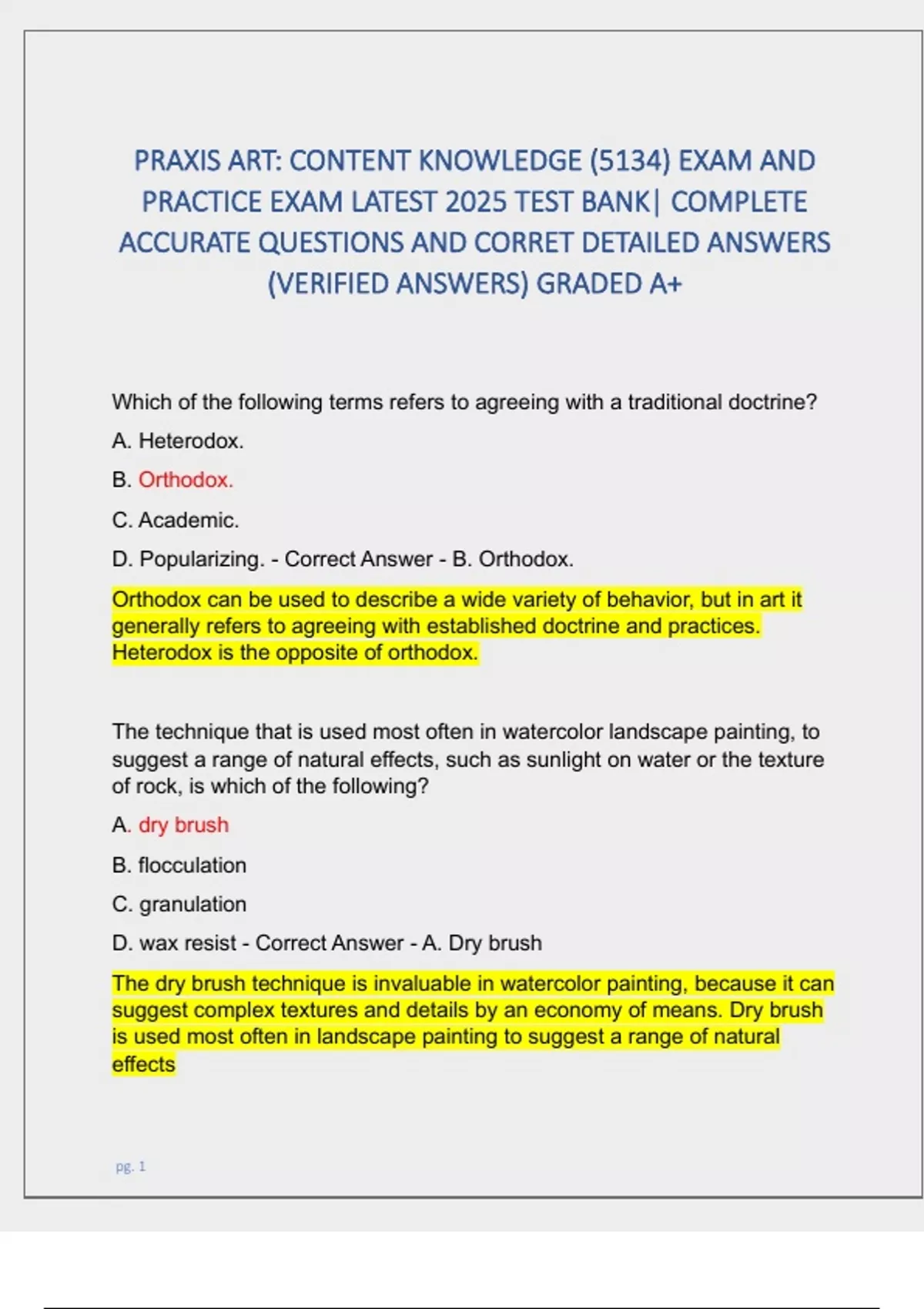 PRAXIS ART: CONTENT KNOWLEDGE (5134) EXAM AND PRACTICE EXAM LATEST 2025 ...