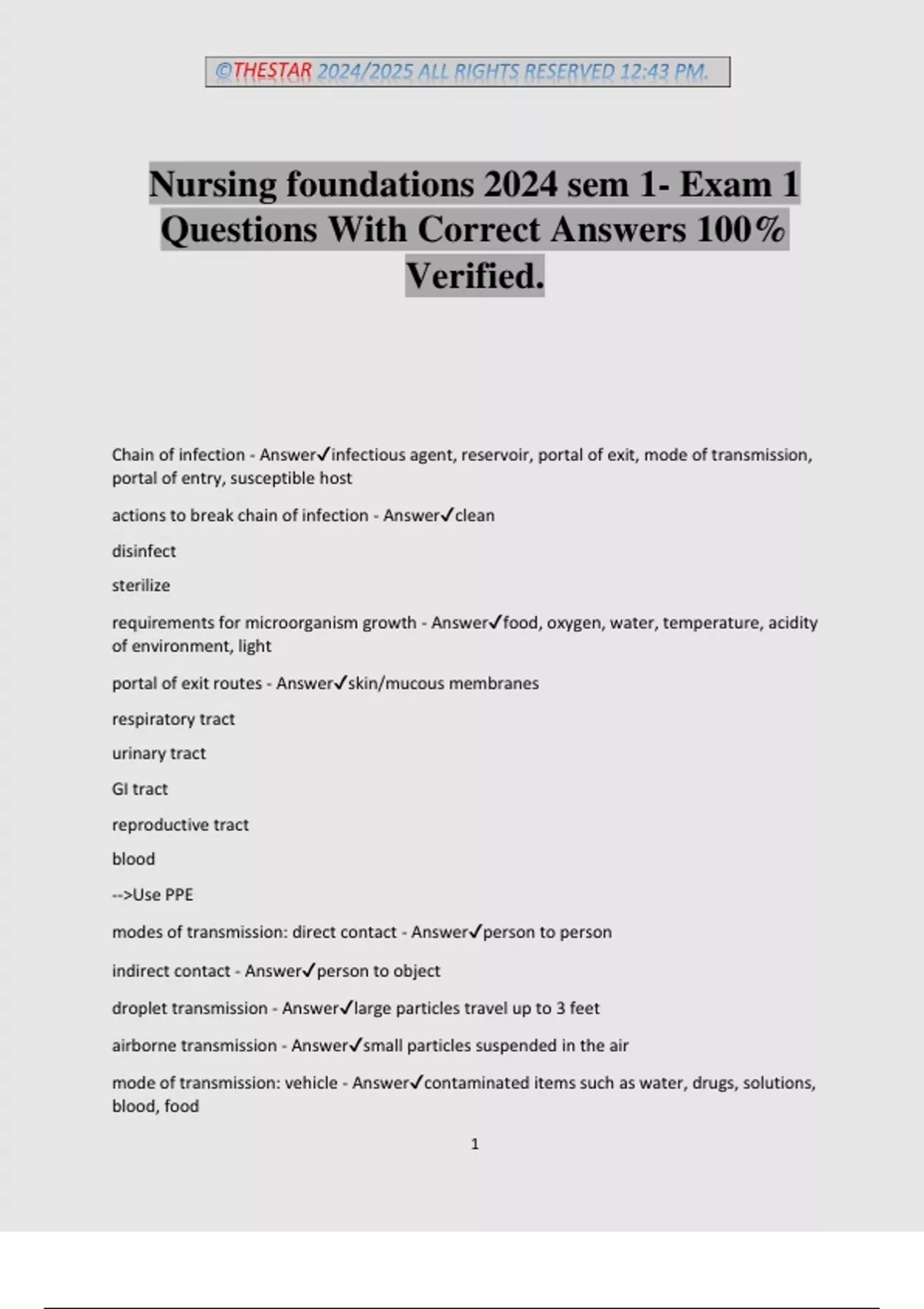 Nursing Foundations 2024 Sem 1 Exam 1 Questions With Correct Answers
