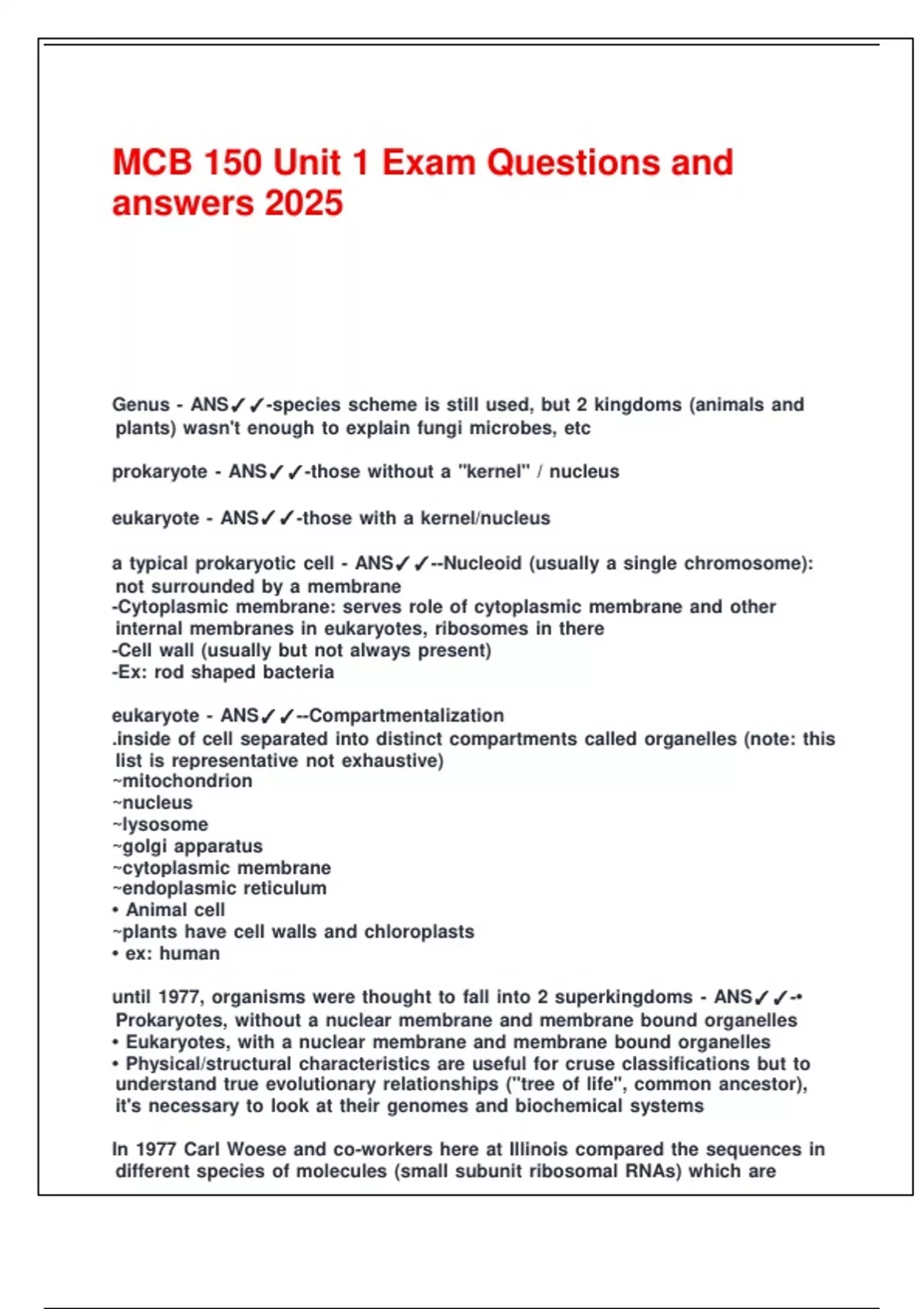 MCB 150 Unit 1 Exam Questions and answers 2025. - MCB 150 - Stuvia US
