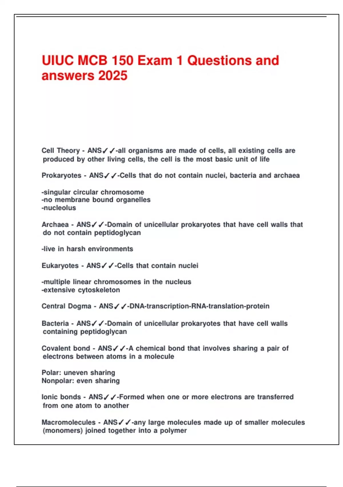 UIUC MCB 150 Exam 1 Questions and answers 2025. - MCB 150 - Stuvia US