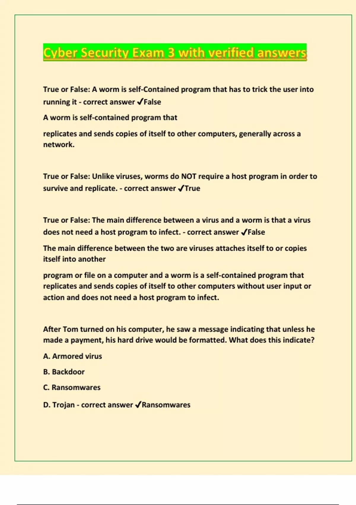 Cyber Security Exam 3 with verified answers - Cybersecurity - Stuvia US