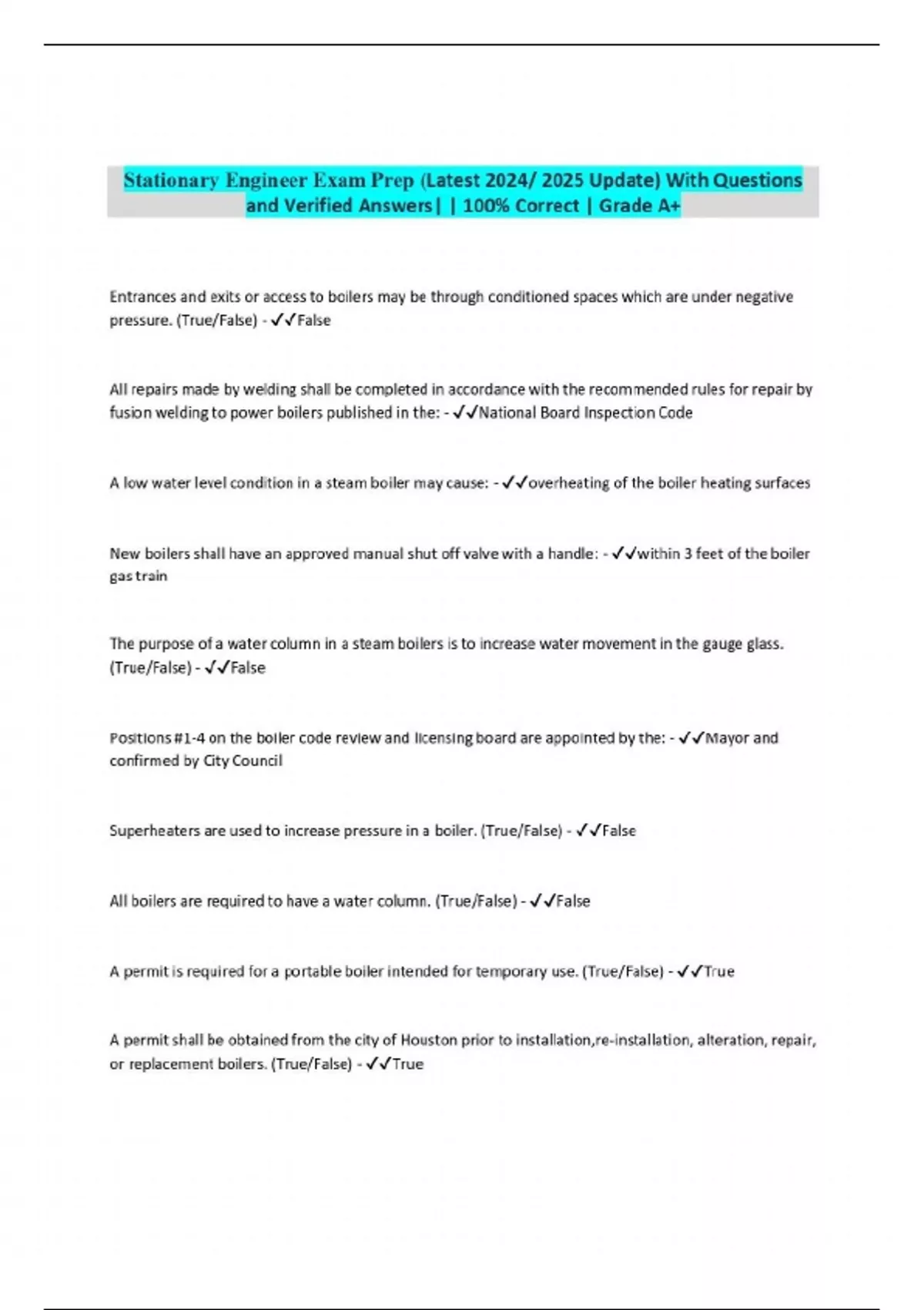 Stationary Engineer Exam Prep (Latest 2024/ 2025 Update) With Questions ...