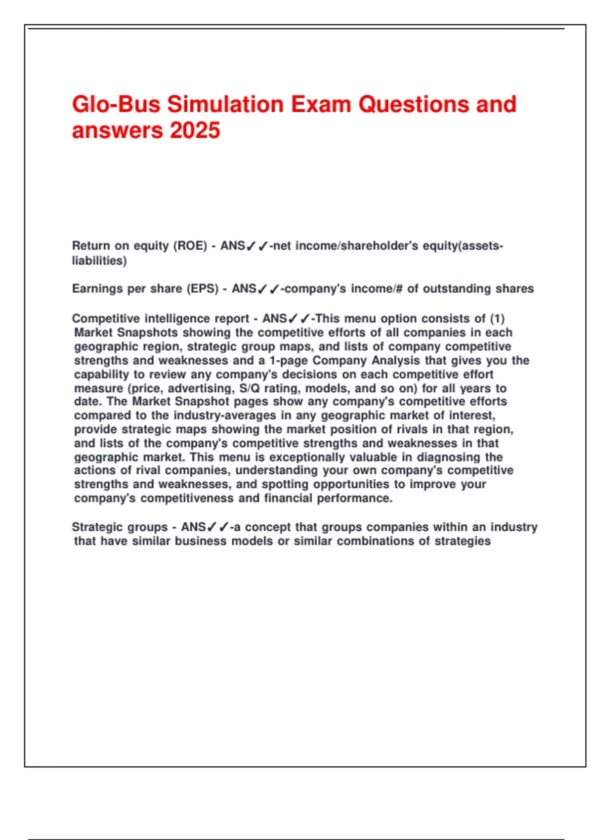 Glo-Bus Simulation Exam Questions and answers 2025. - GLO-BUS - Stuvia US