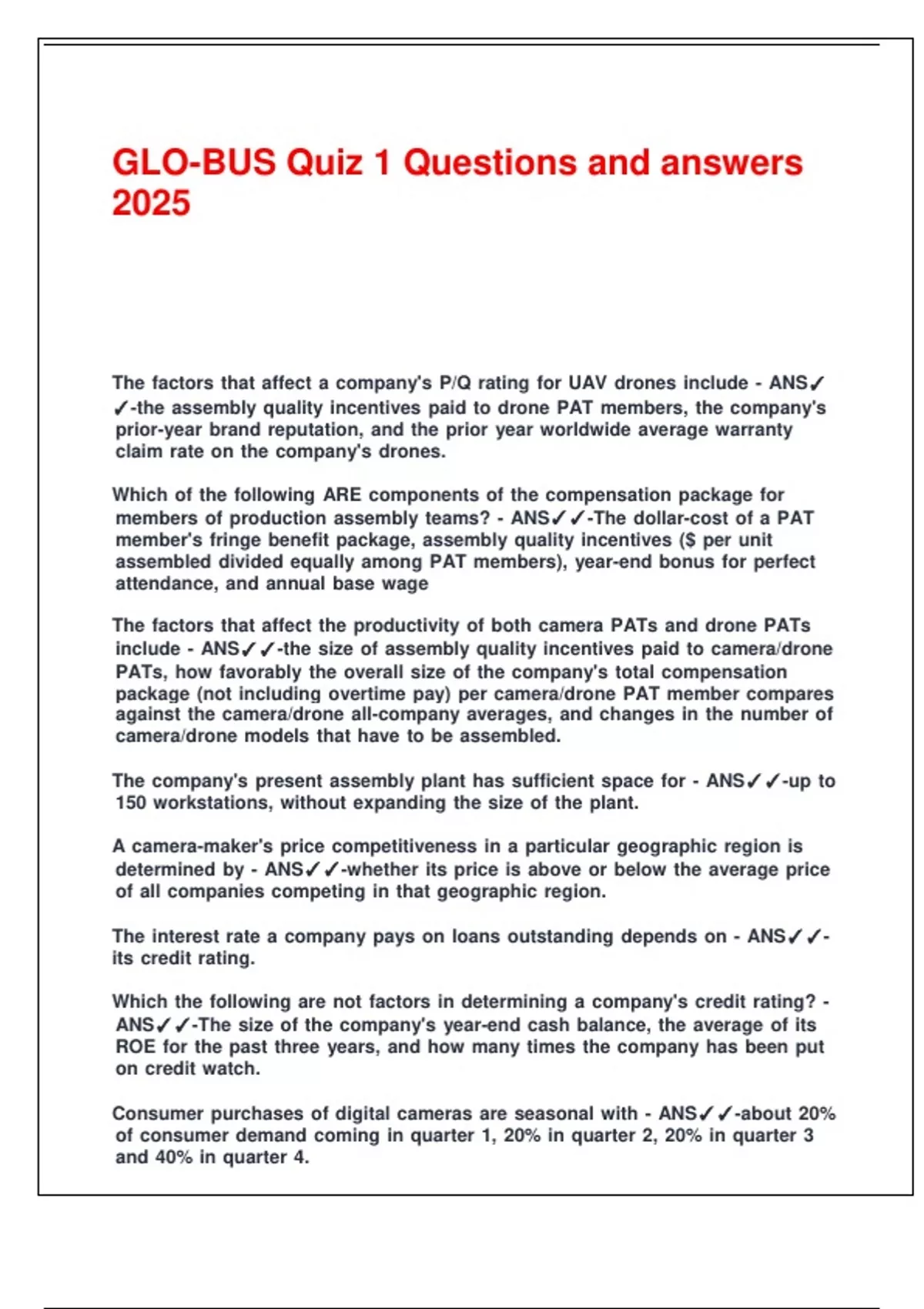 GLO-BUS Quiz 1 Questions and answers 2025. - GLO-BUS - Stuvia US