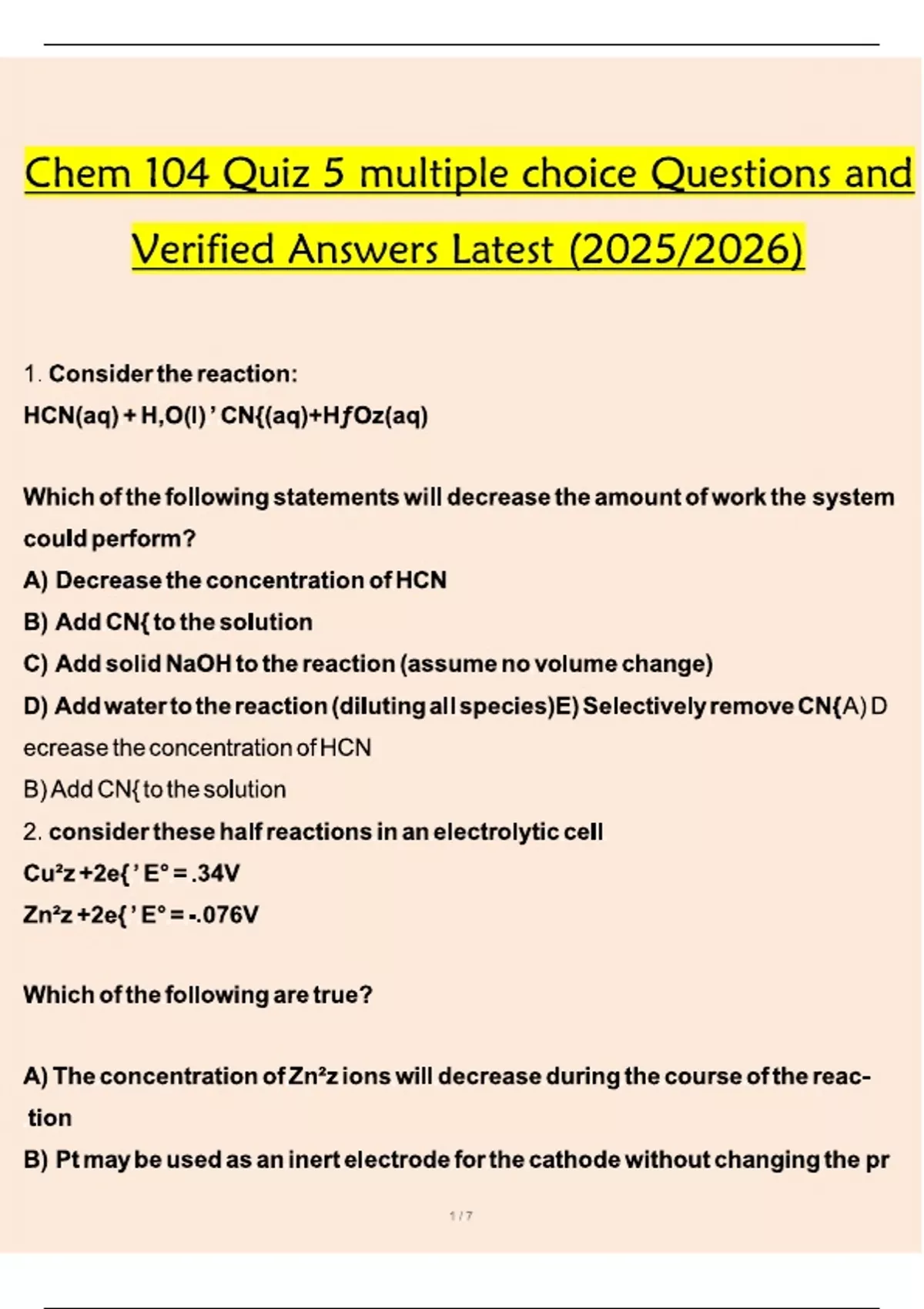 Chem 104 Quiz 5 multiple choice Questions and Verified Answers Latest ...
