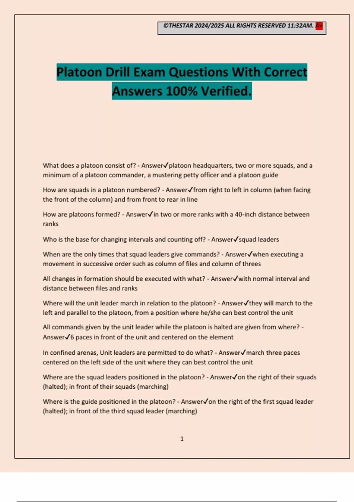 Platoon Drill Exam Questions With Correct Answers 100% Verified ...