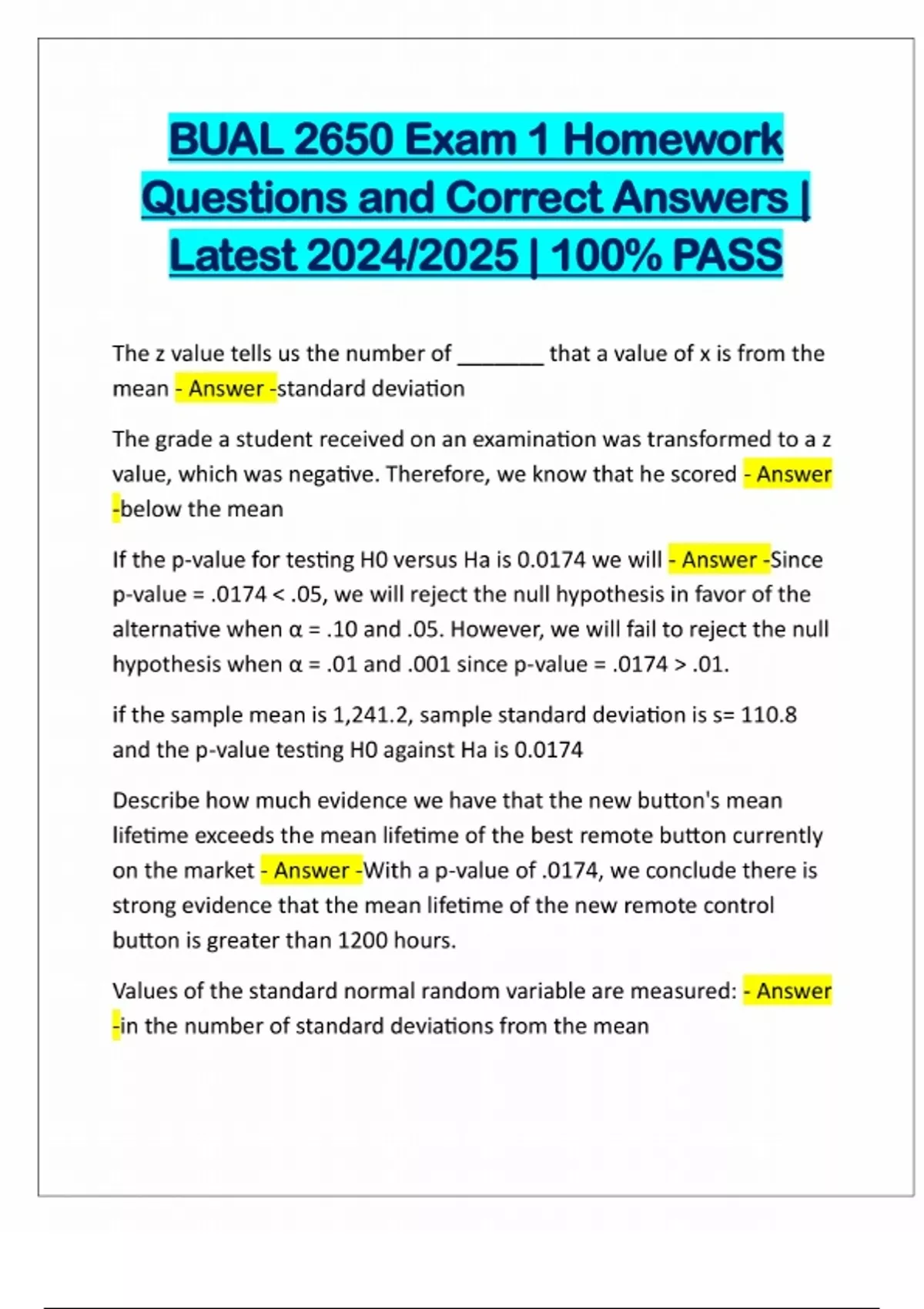 BUAL 2650 Exam 1 Homework Questions and Correct Answers | Latest 2024/ ...