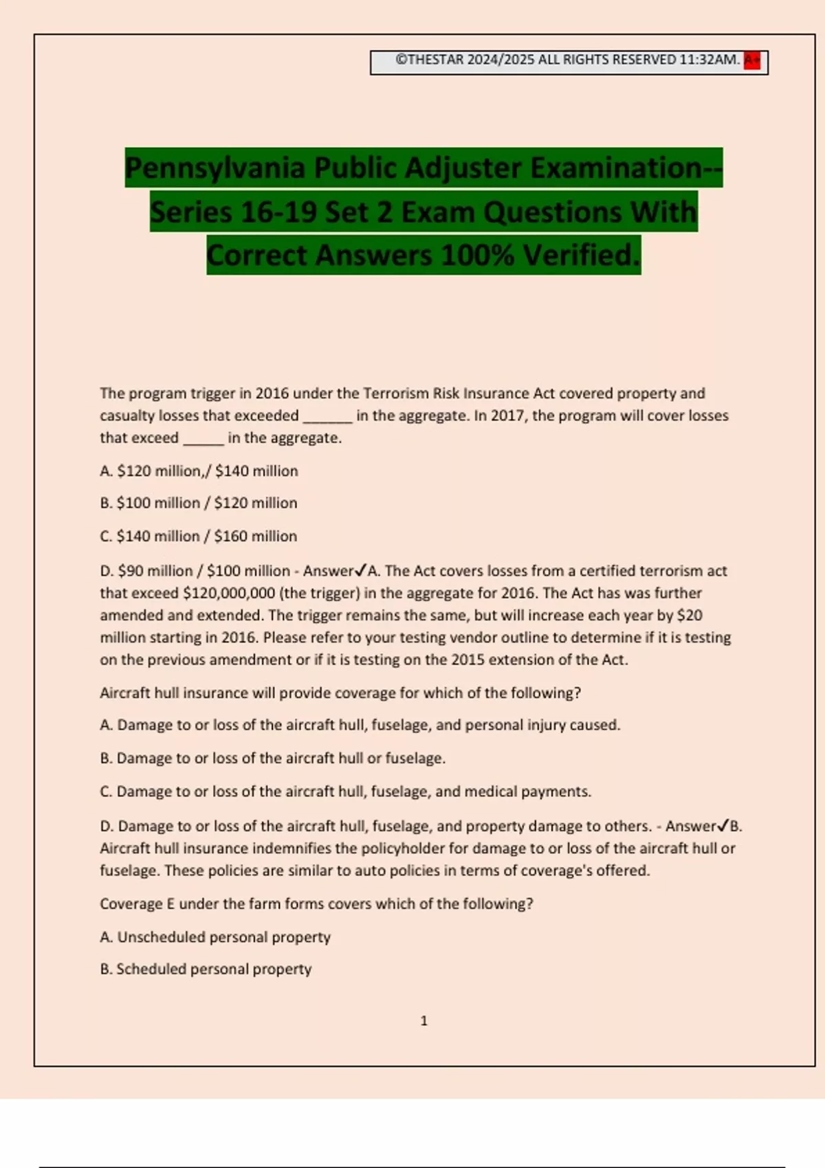 Pennsylvania Public Adjuster Examination-- Series 16-19 Set 2 Exam ...