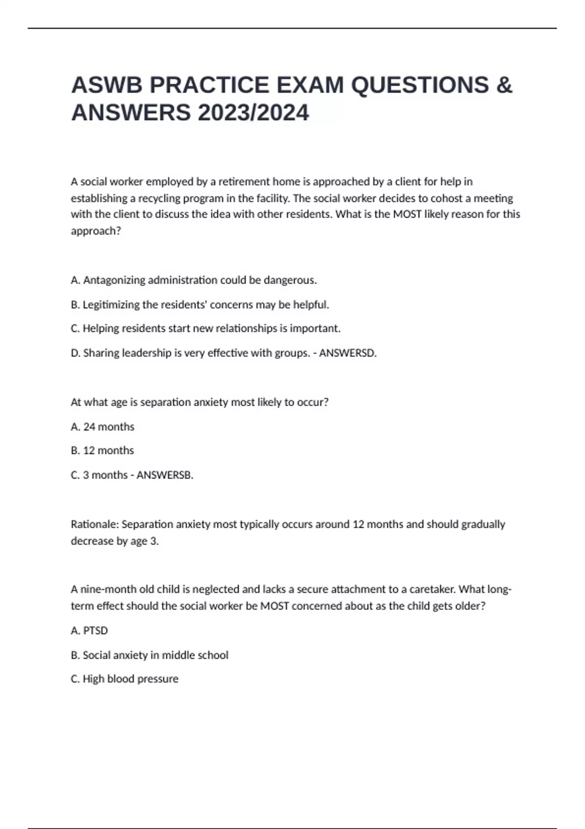 ASWB PRACTICE EXAM QUESTIONS & ANSWERS 2023/2024 - ASWB PRACTICE ...