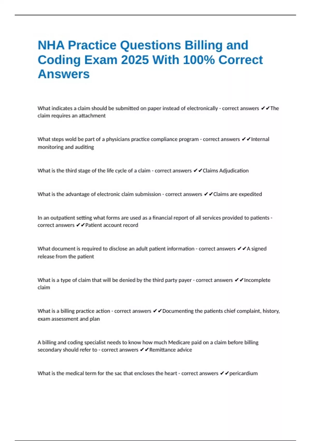 NHA Practice Questions Billing and Coding Exam 2025 With 100% Correct ...