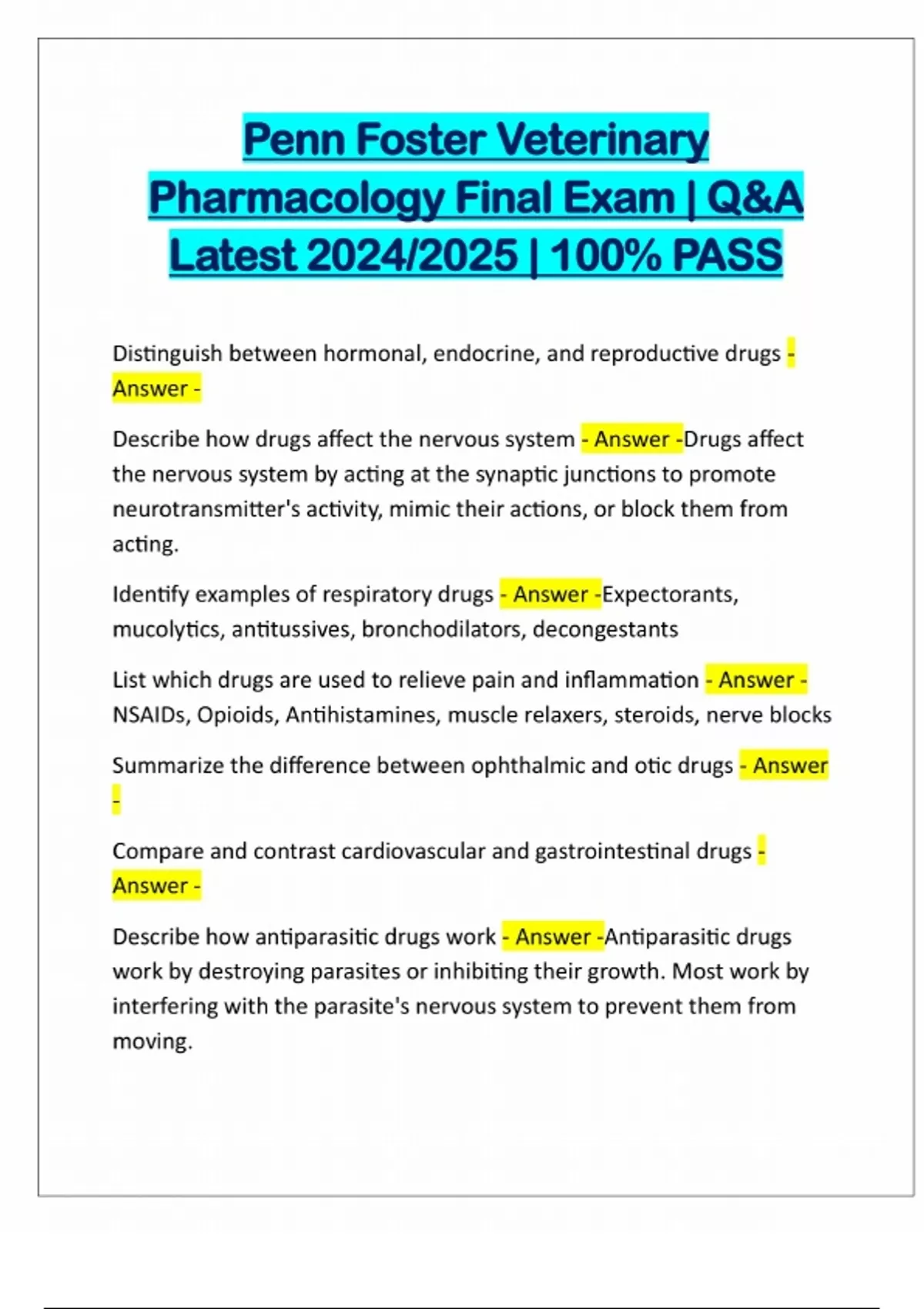 Penn Foster Veterinary Pharmacology Final Exam | Q&A Latest 2024/2025 ...