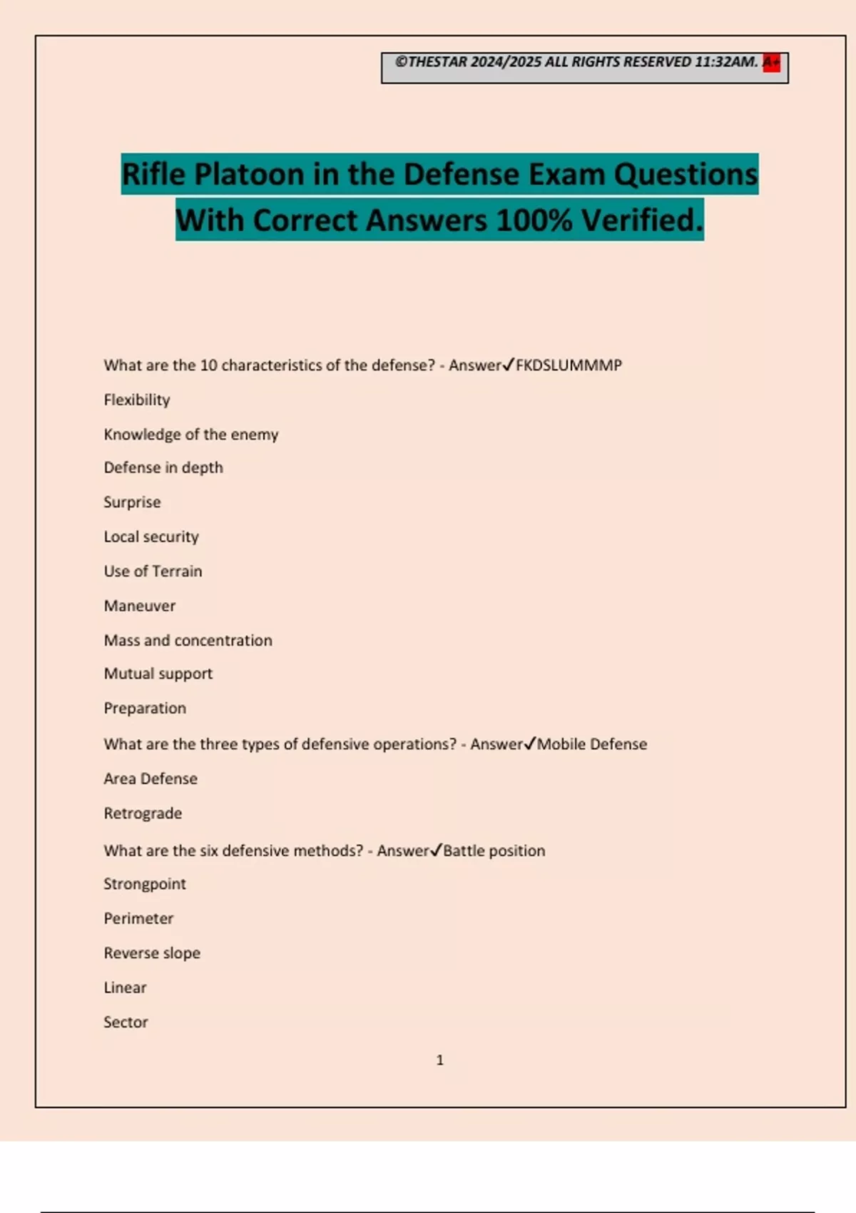 Rifle Platoon in the Defense Exam Questions With Correct Answers 100% ...