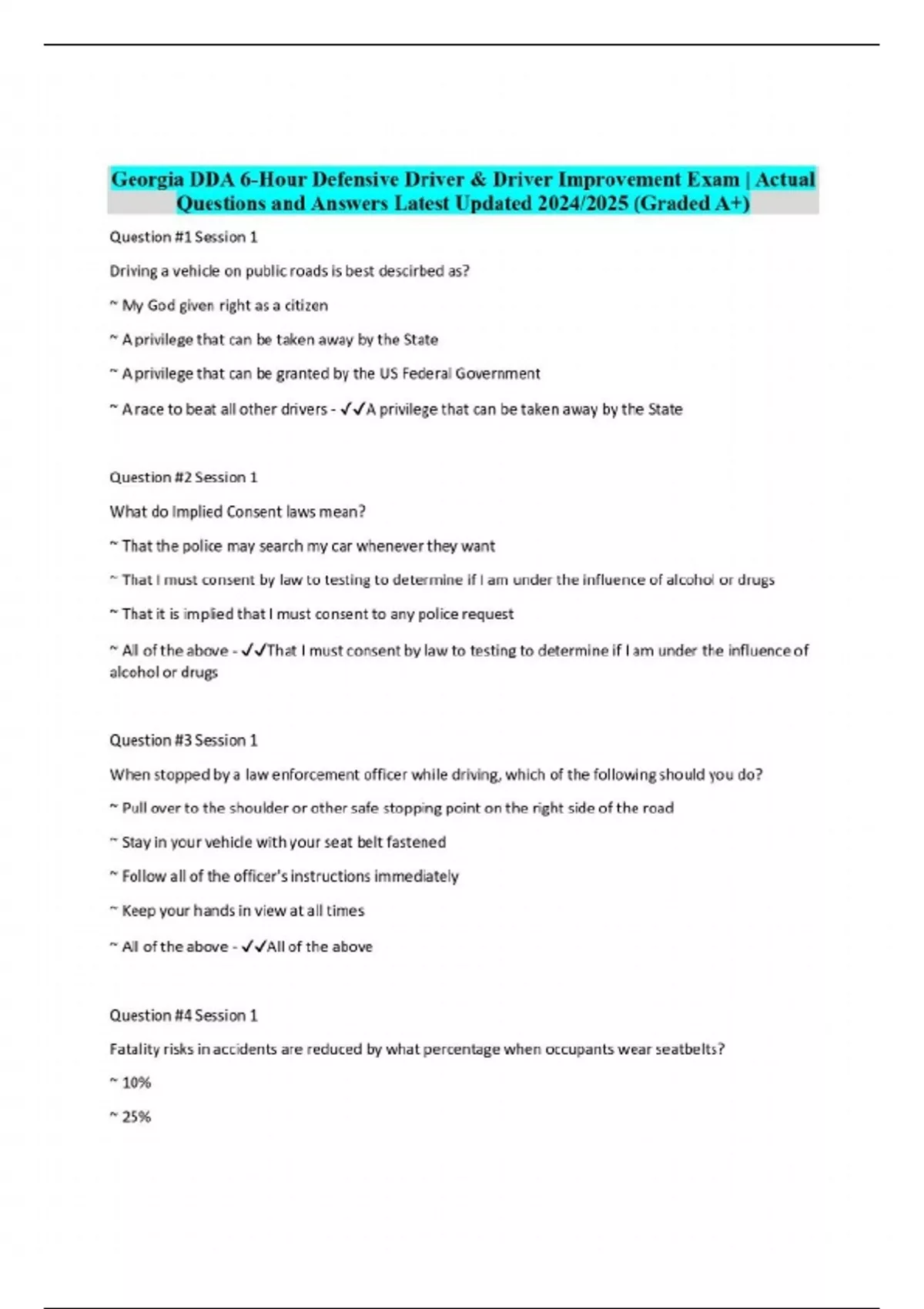 Georgia DDA 6-Hour Defensive Driver & Driver Improvement Exam | Actual ...