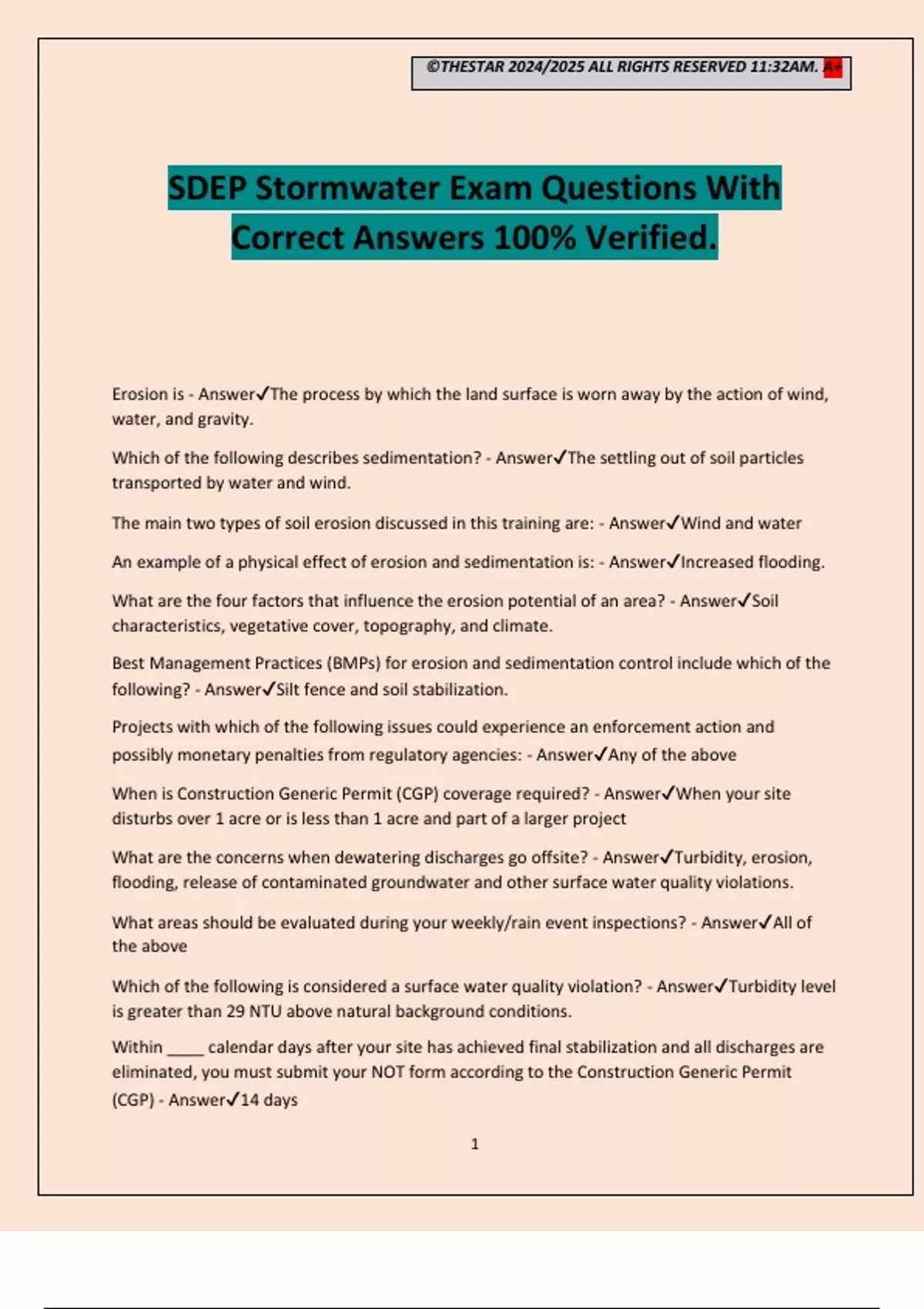 SDEP Stormwater Exam Questions With Correct Answers 100% Verified ...