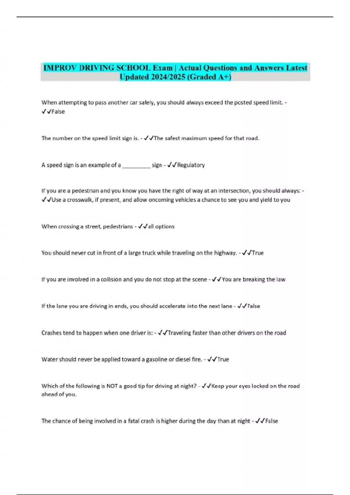 IMPROV DRIVING SCHOOL Exam | Actual Questions and Answers Latest ...