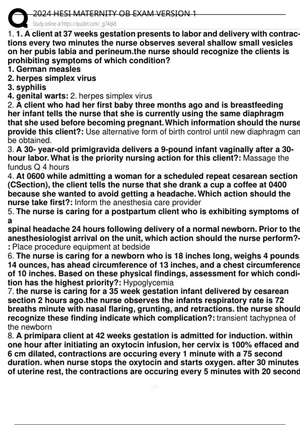 HESI MATERNITY OB VERSION MOST RECENT UPDATE MATERNITY OB VERSION 1 ...