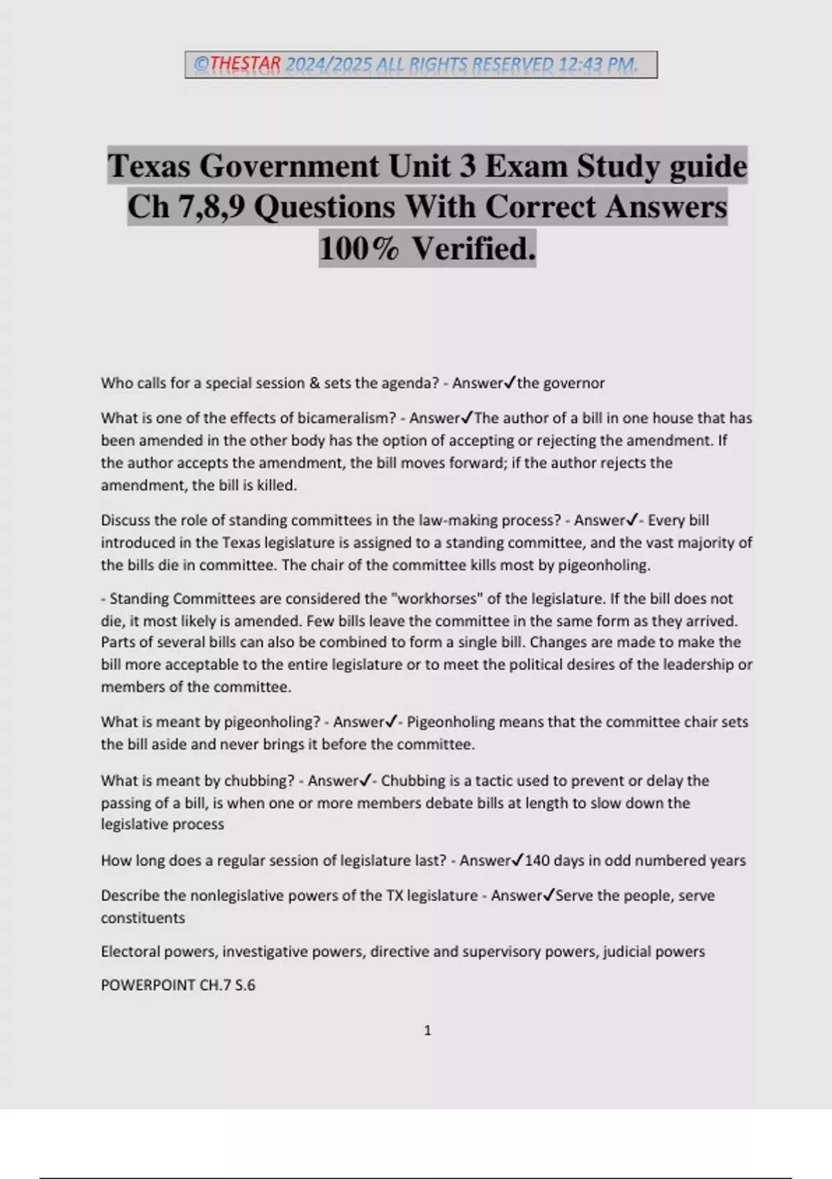 Texas Government Unit 3 Exam Study guide Ch 7,8,9 Questions With Correct Answers 100% Verified ...