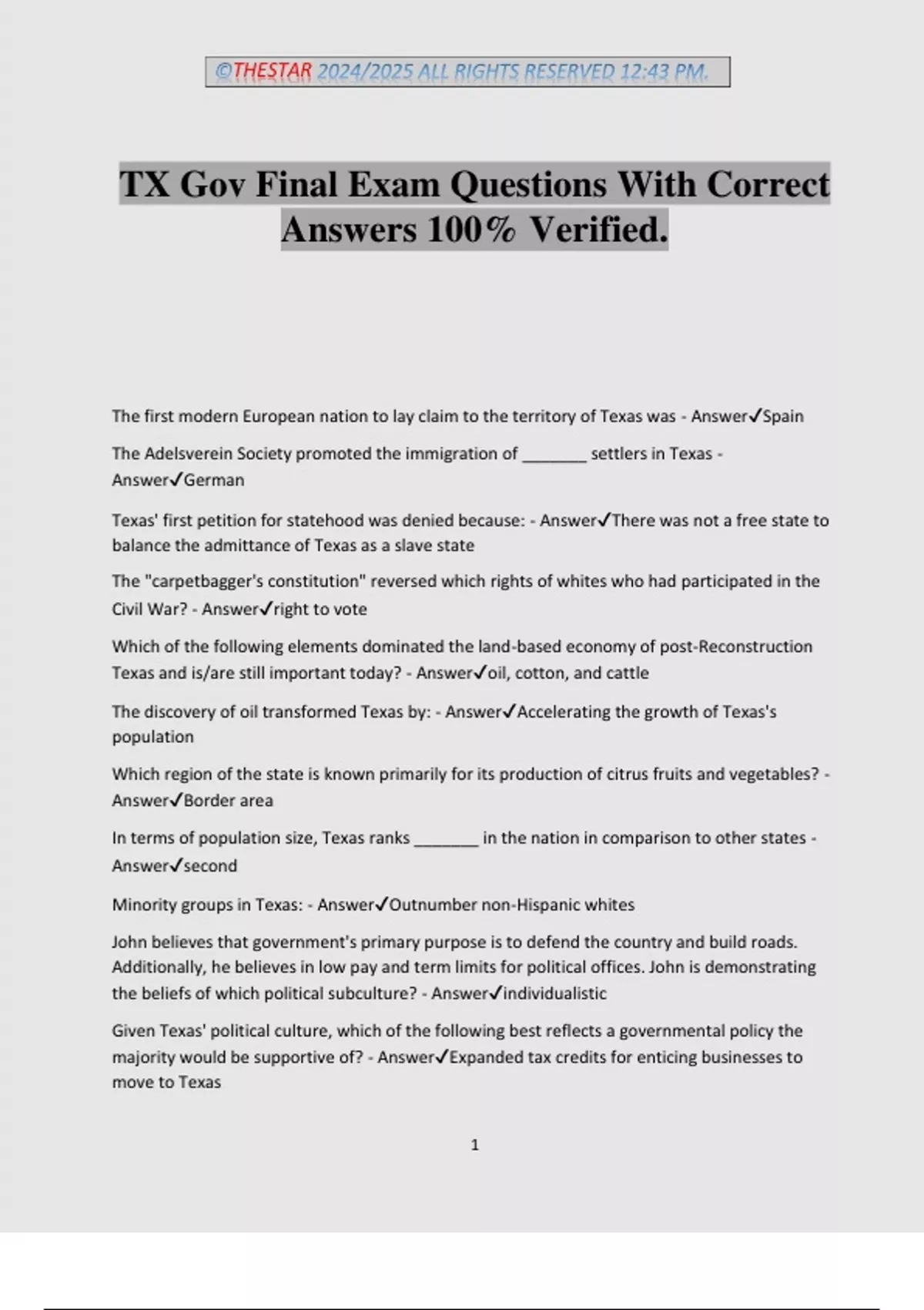 TX Gov Final Exam Questions With Correct Answers 100% Verified - Texas ...