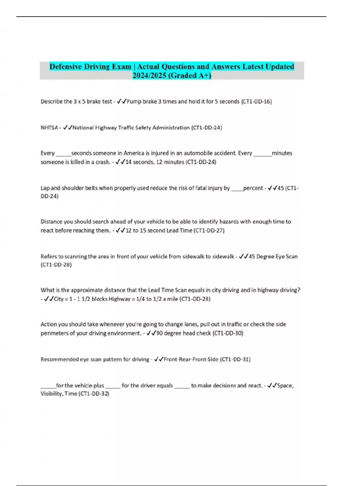 Defensive Driving Exam | Actual Questions and Answers Latest Updated ...