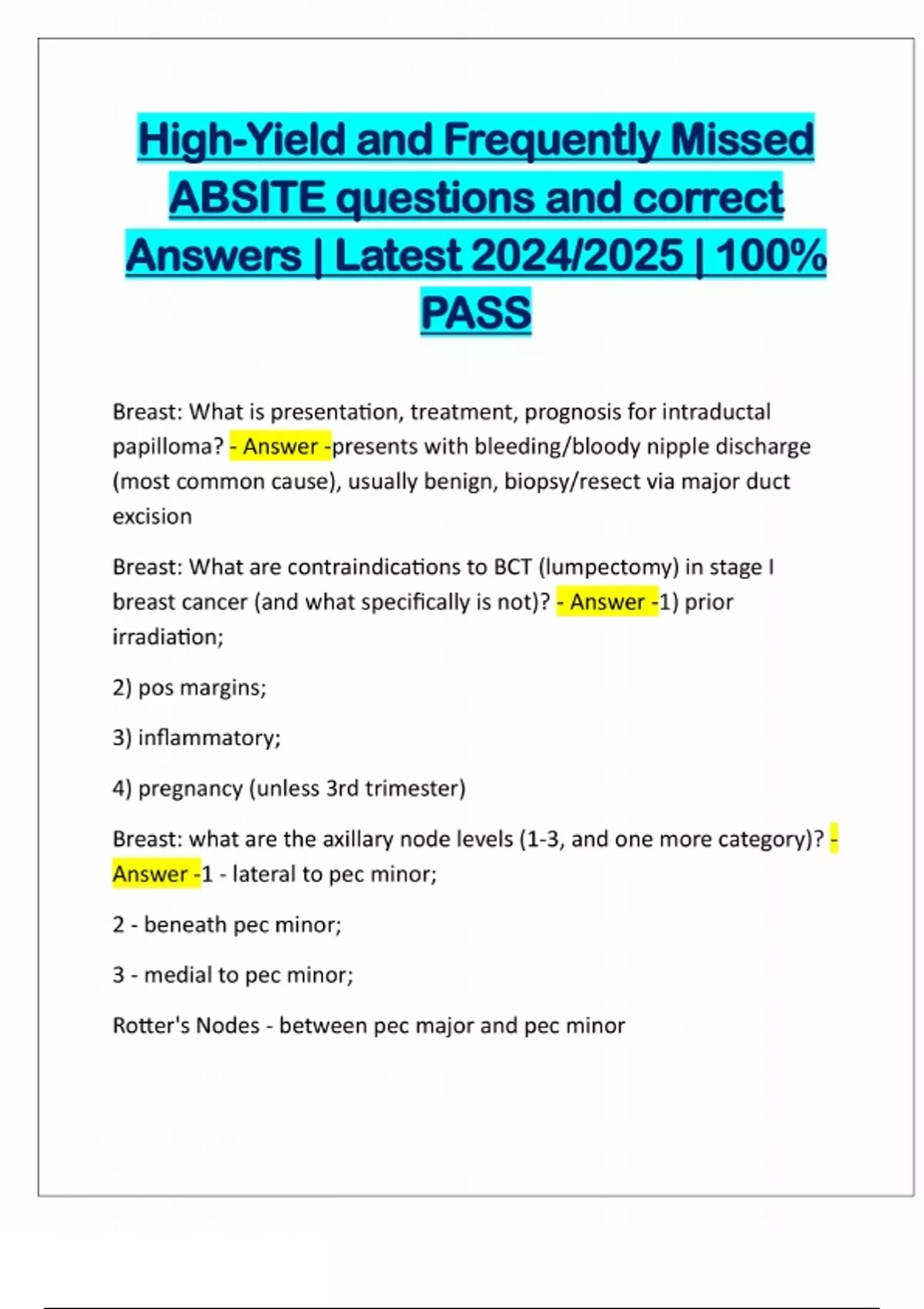 High-Yield and Frequently Missed ABSITE questions and correct Answers ...
