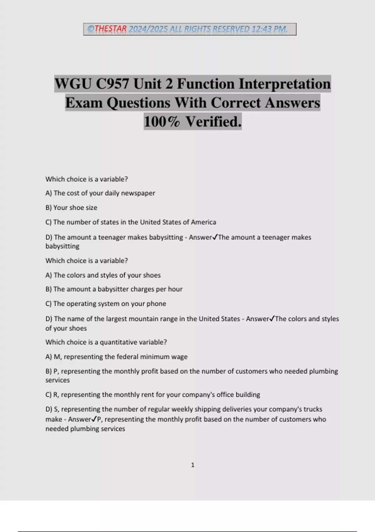 WGU C957 Unit 2 Function Interpretation Exam Questions With Correct Answers 100% Verified - WGU ...