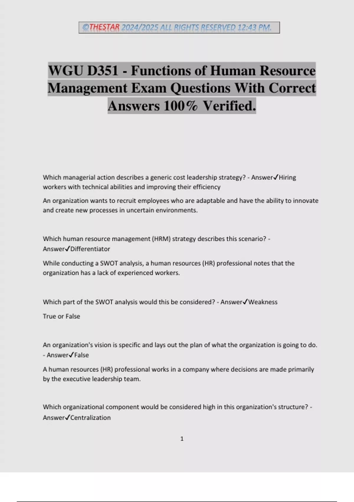 WGU D351 - Functions of Human Resource Management Exam Questions With ...