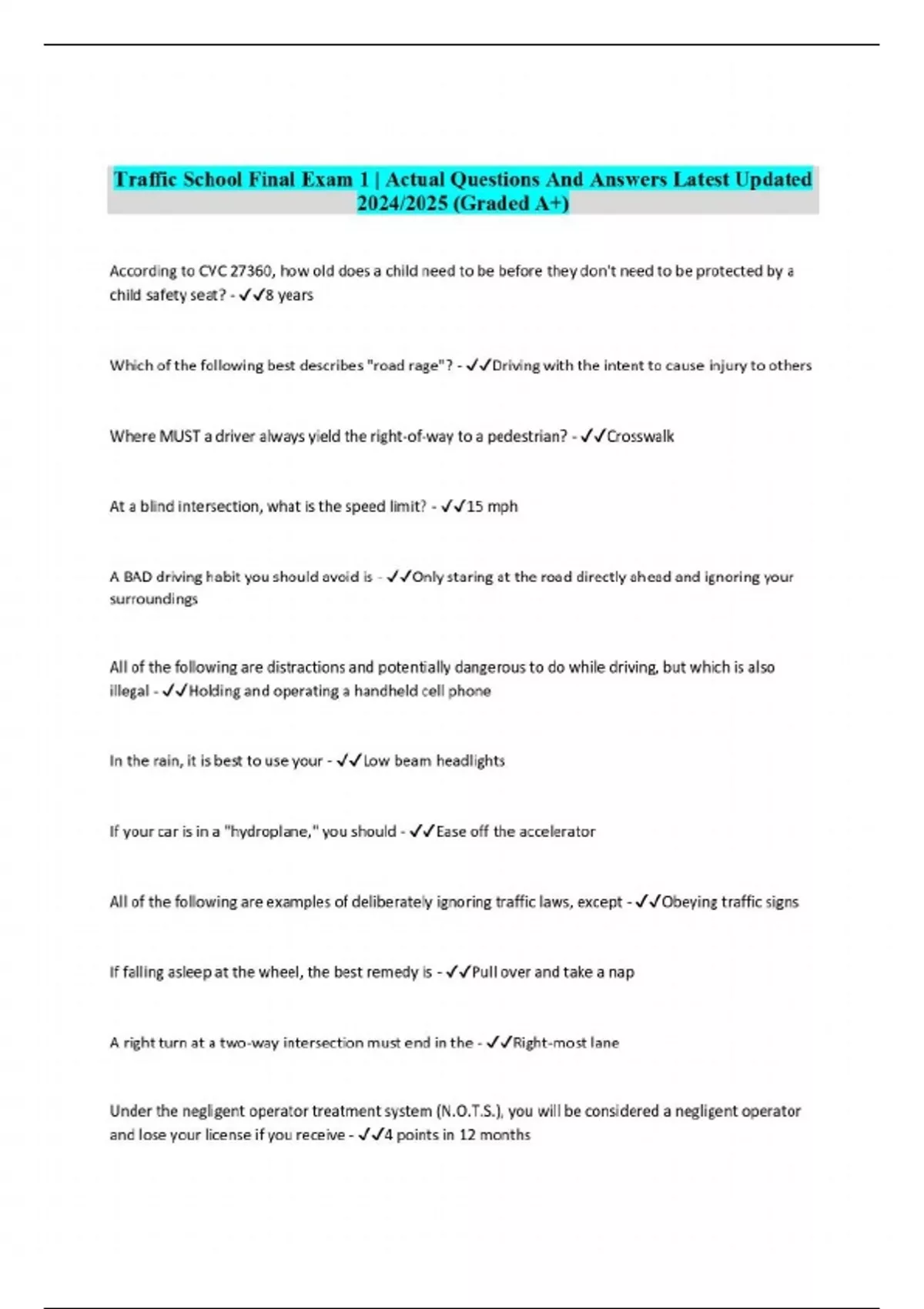 Traffic School Final Exam 1 | Actual Questions And Answers Latest ...