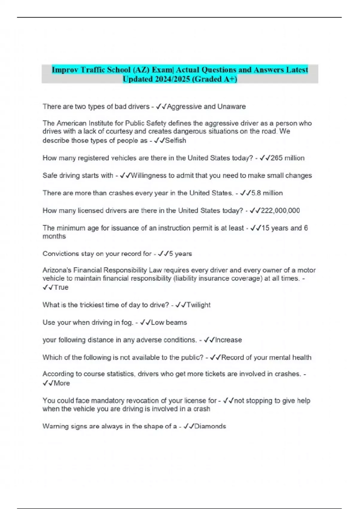 Improv Traffic School (AZ) Exam| Actual Questions and Answers Latest ...