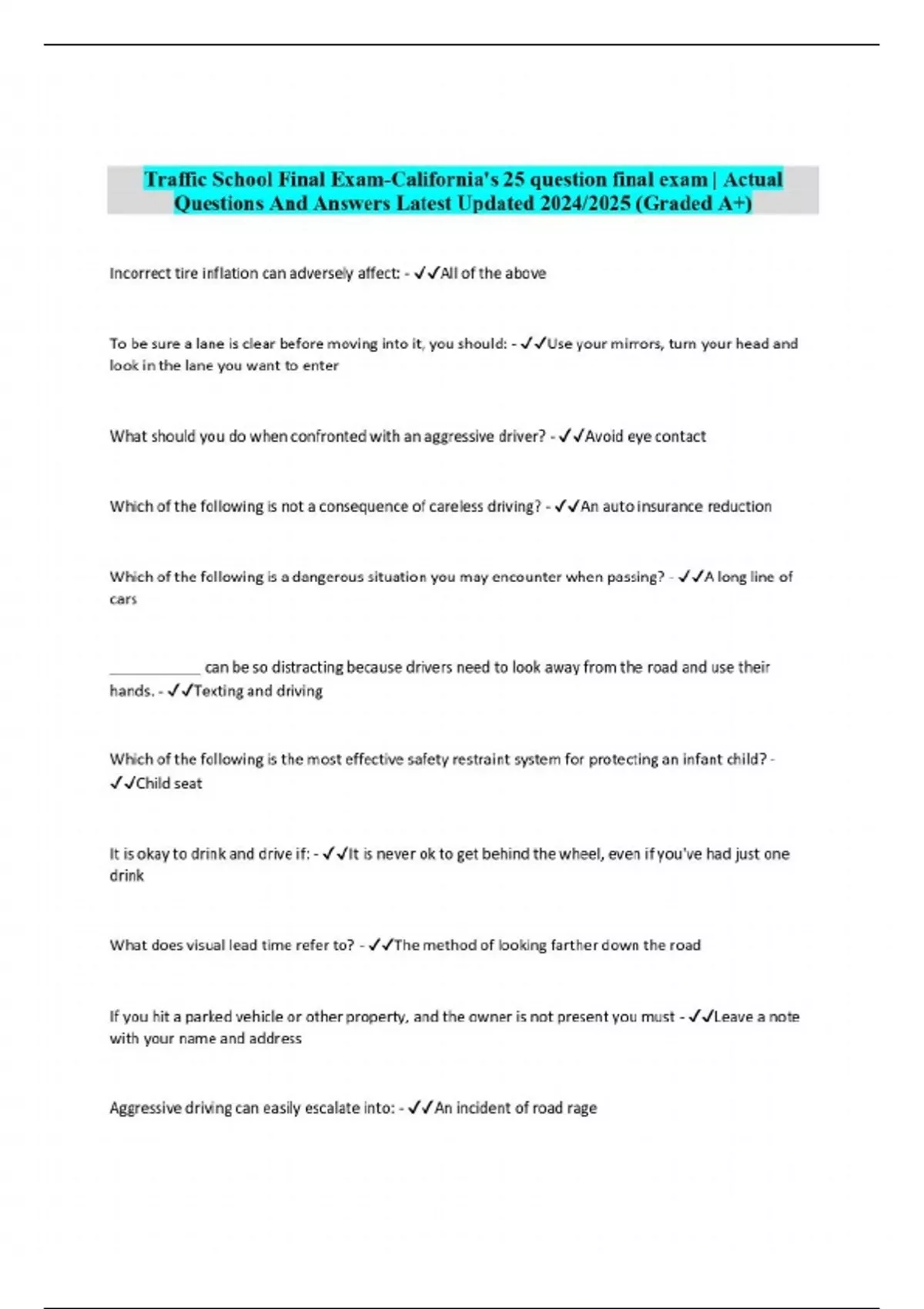 Traffic School Final Exam-California's 25 question final exam | Actual ...