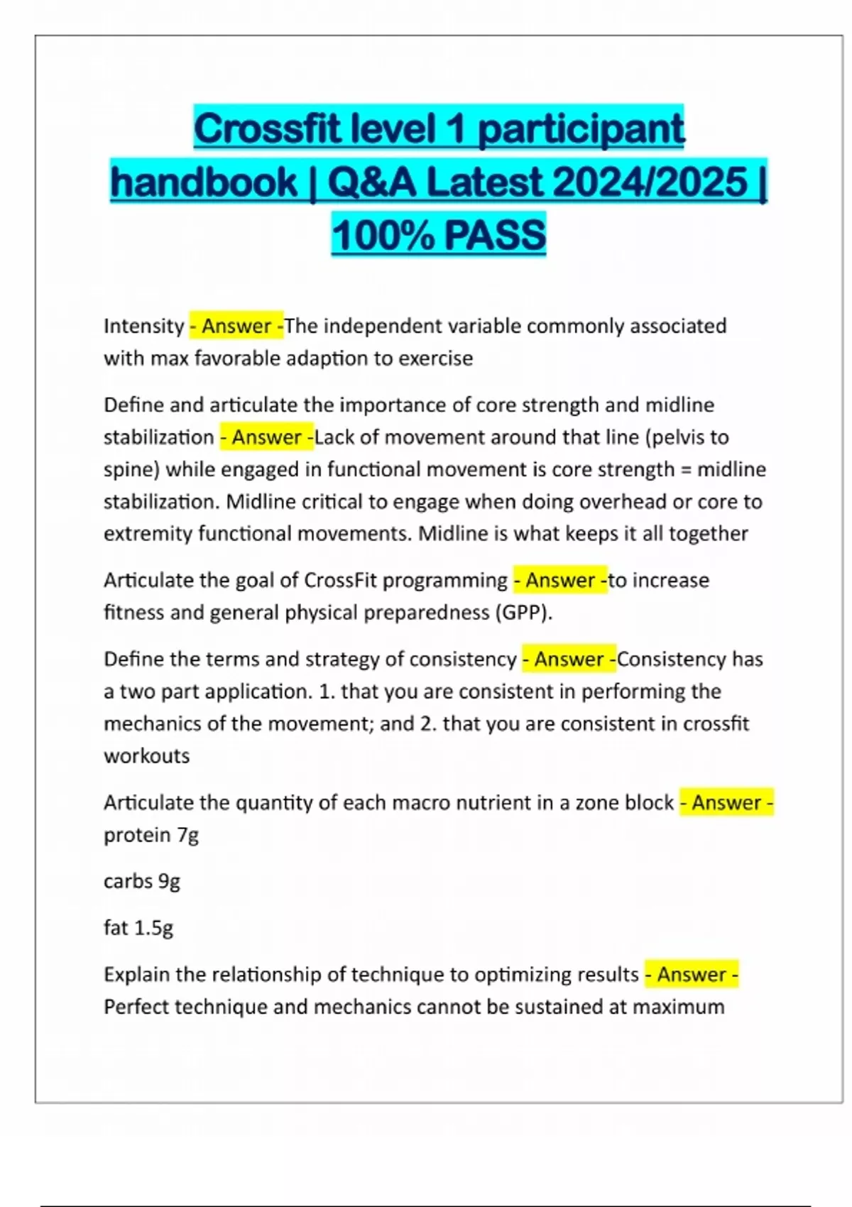 Crossfit level 1 participant handbook | Q&A Latest 2024/2025 | 100% ...