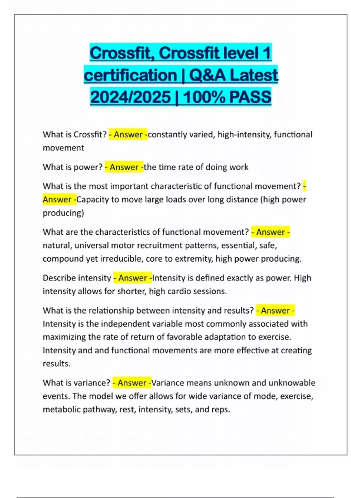 Crossfit, Crossfit level 1 certification | Q&A Latest 2024/2025 | 100% ...